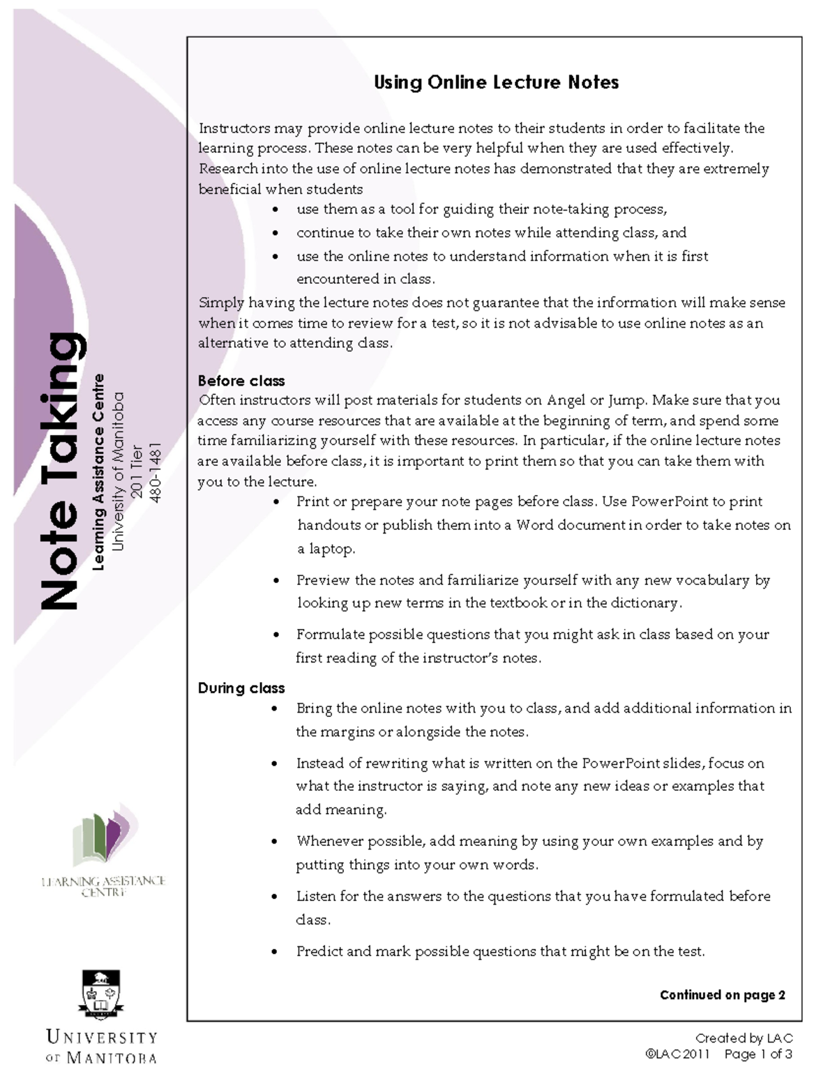 Study Tips for A&P - Using Online Lecture Notes Instructors may provide ...