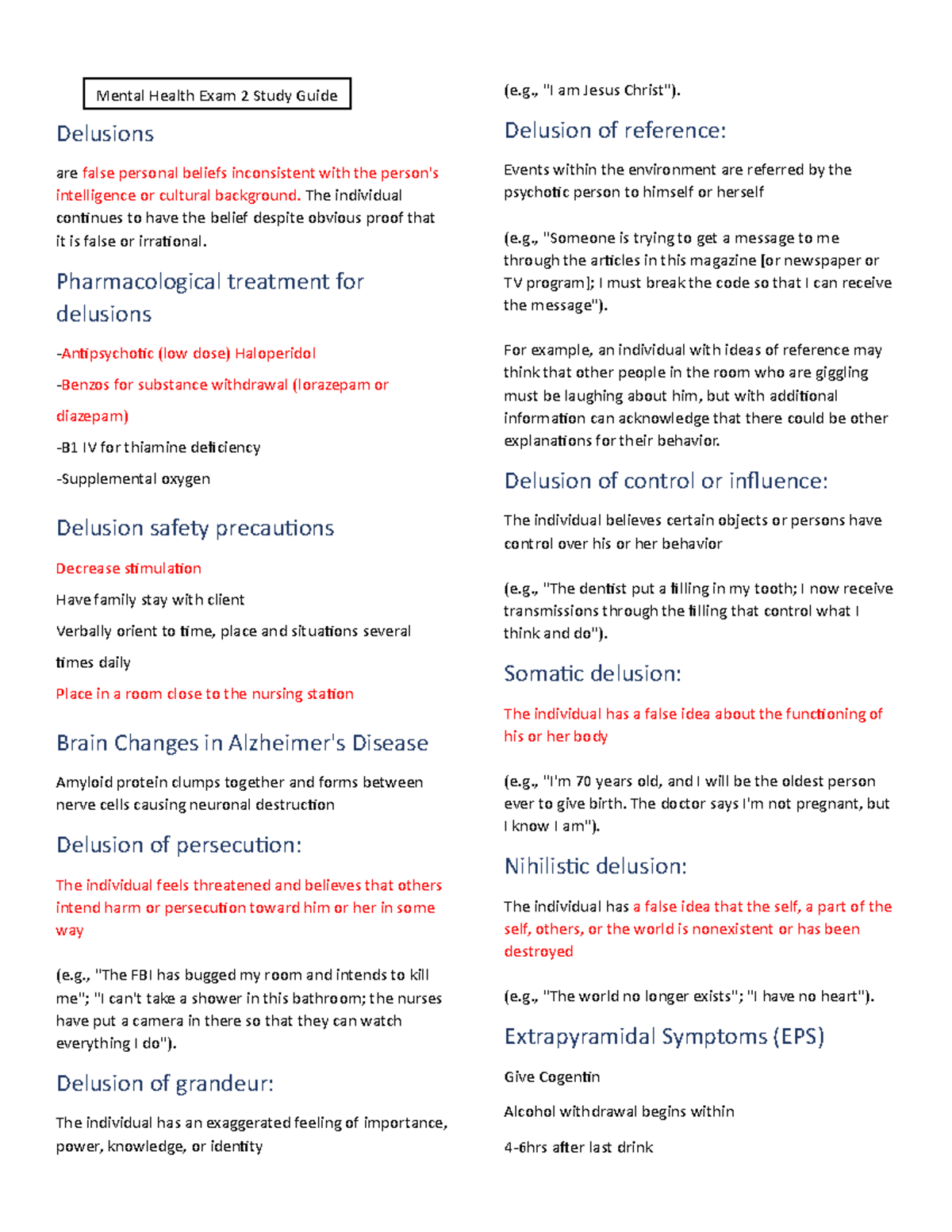 MH Exam 2 study guide - Delusions are false personal beliefs ...