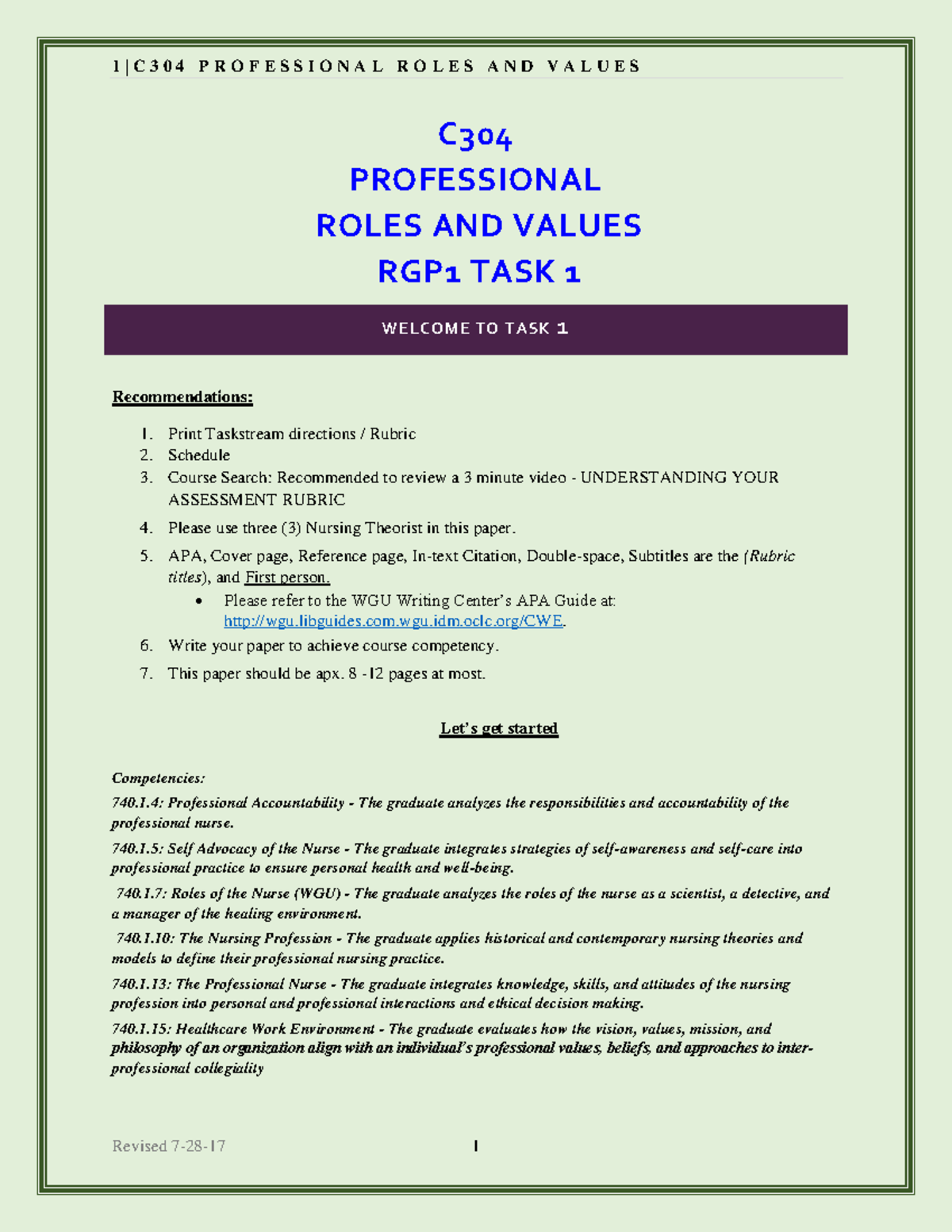 C304 Task 1 Cheat Sheet - tips - C PROFESSIONAL ROLES AND VALUES RGP1 ...