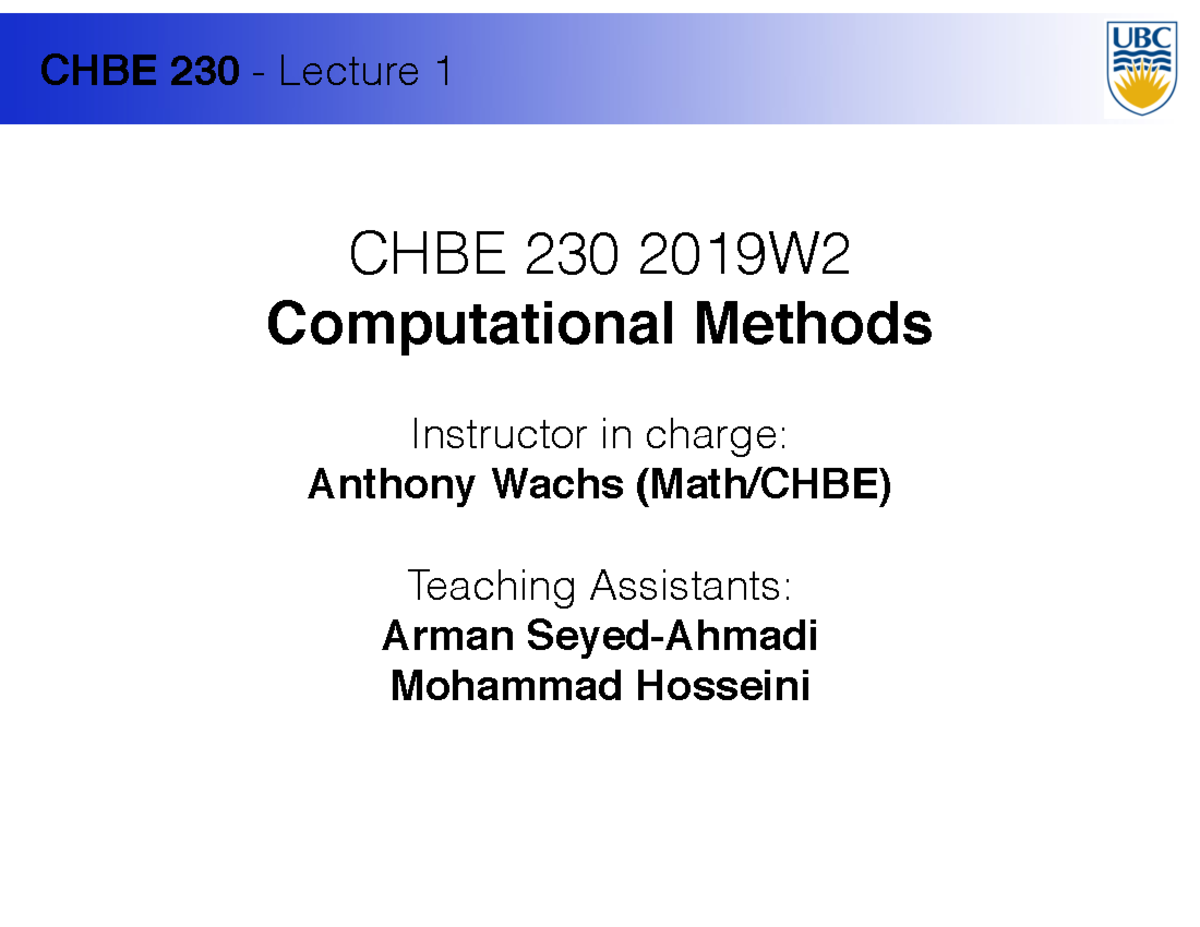 Lecture 1 - CHBE 230 Computational Methods - CHBE 230 2019W ...