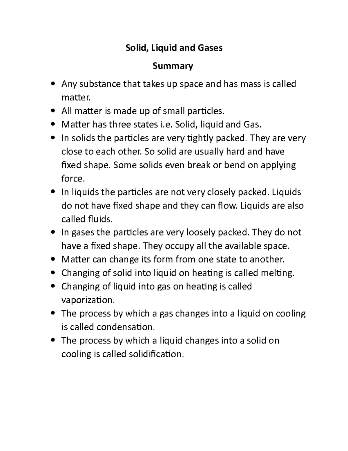 Solid, Liquids and Gases Summary - Solid, Liquid and Gases Summary Any ...