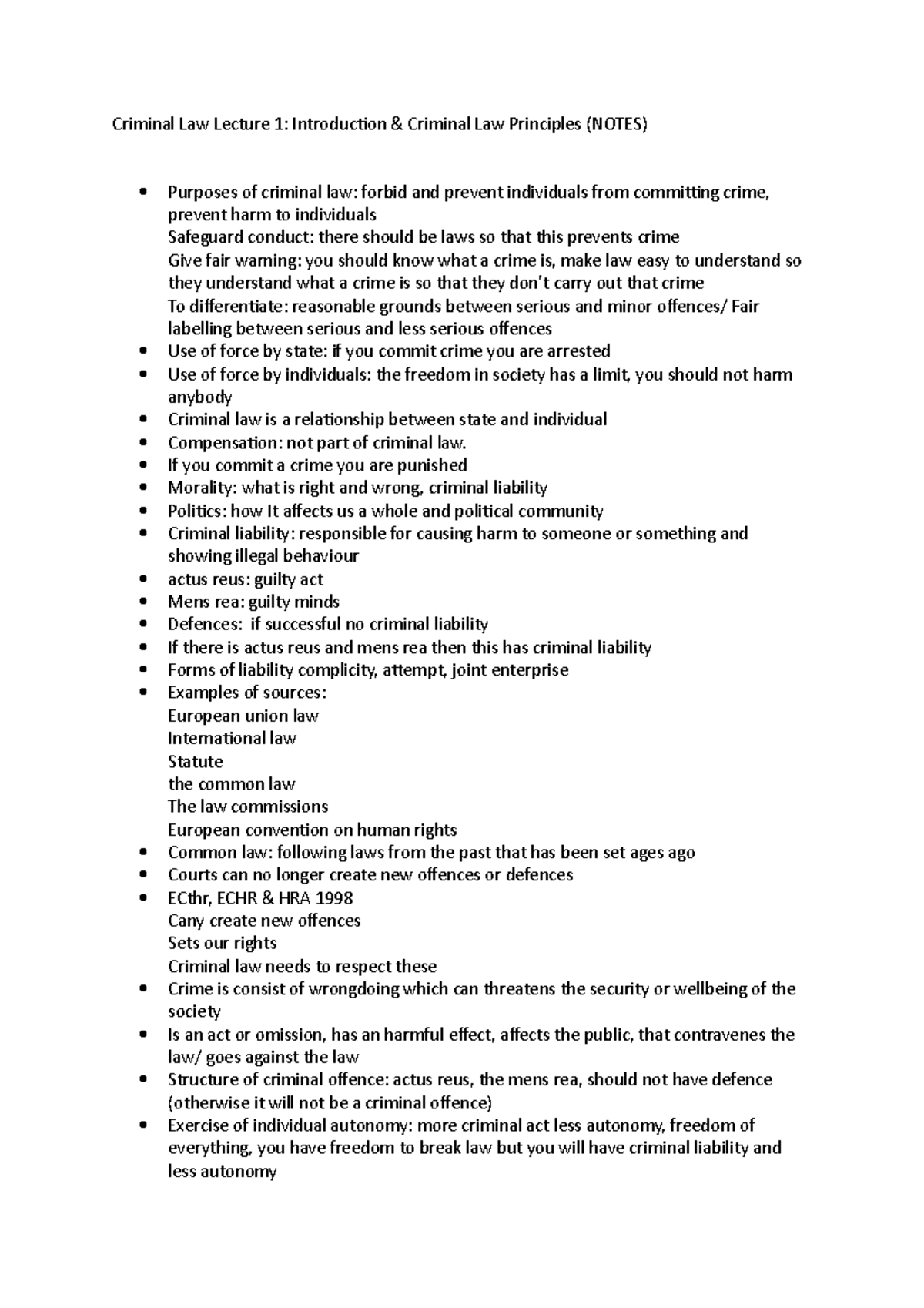 Criminal Law Lecture 1 Notes - Criminal Law Lecture 1: Introduction ...