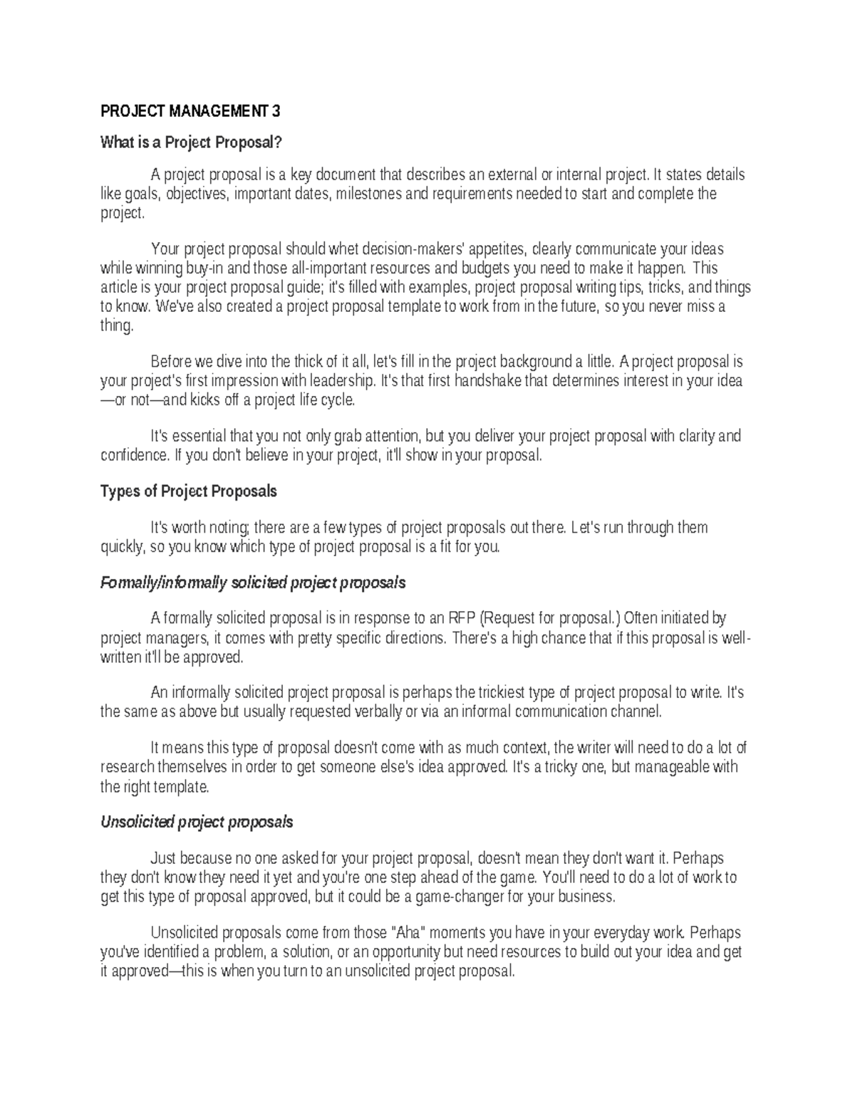 Project- Management-3 - PROJECT MANAGEMENT 3 What is a Project Proposal ...