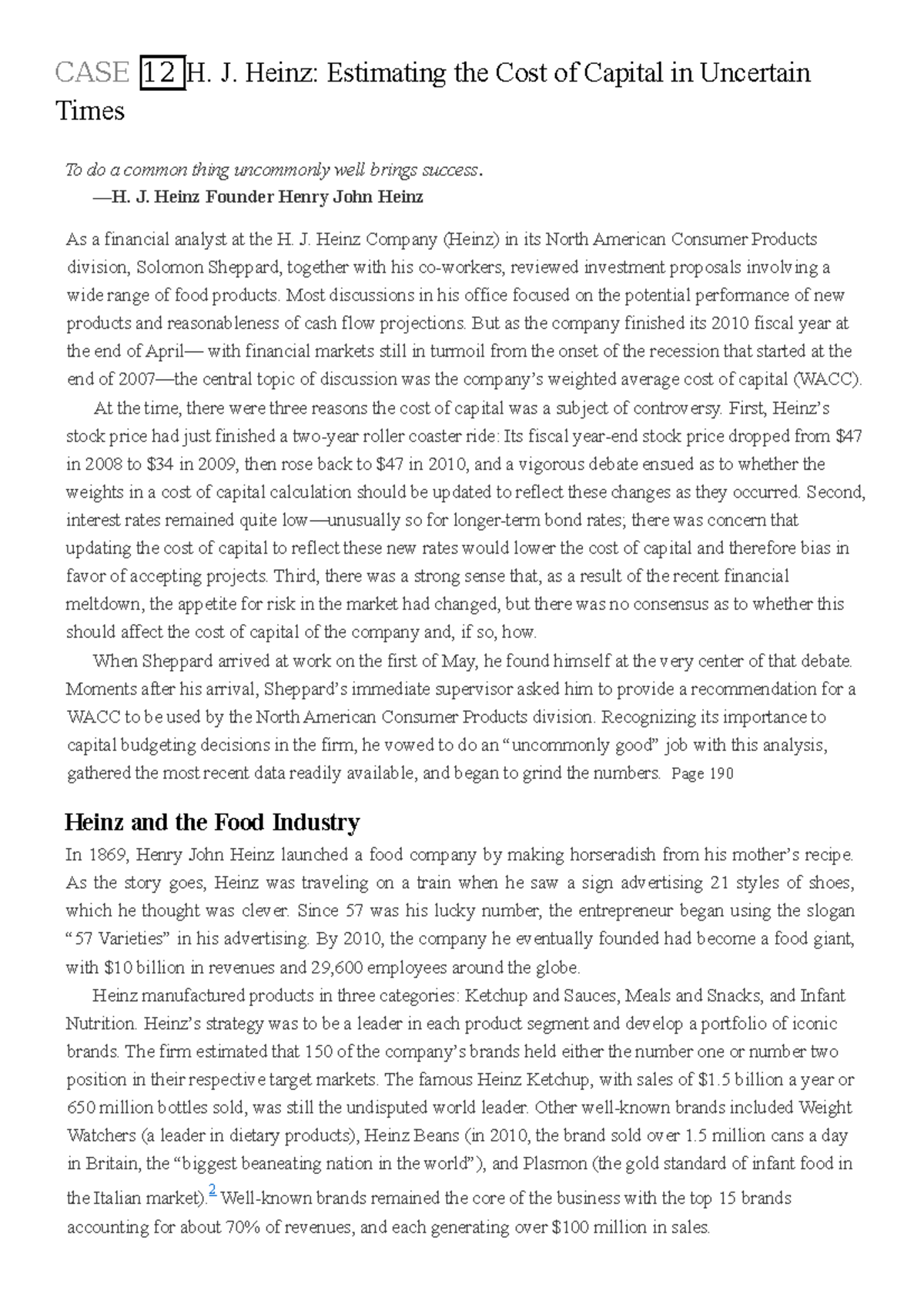 CASE 12 H - case heinz - CASE 12 H. J. Heinz: Estimating the Cost of ...