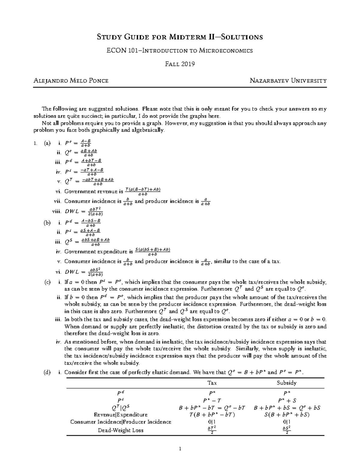 Study guide solutions 2 - Study Guide for Midterm II—Solutions ECON 101–Introduction to - Studocu