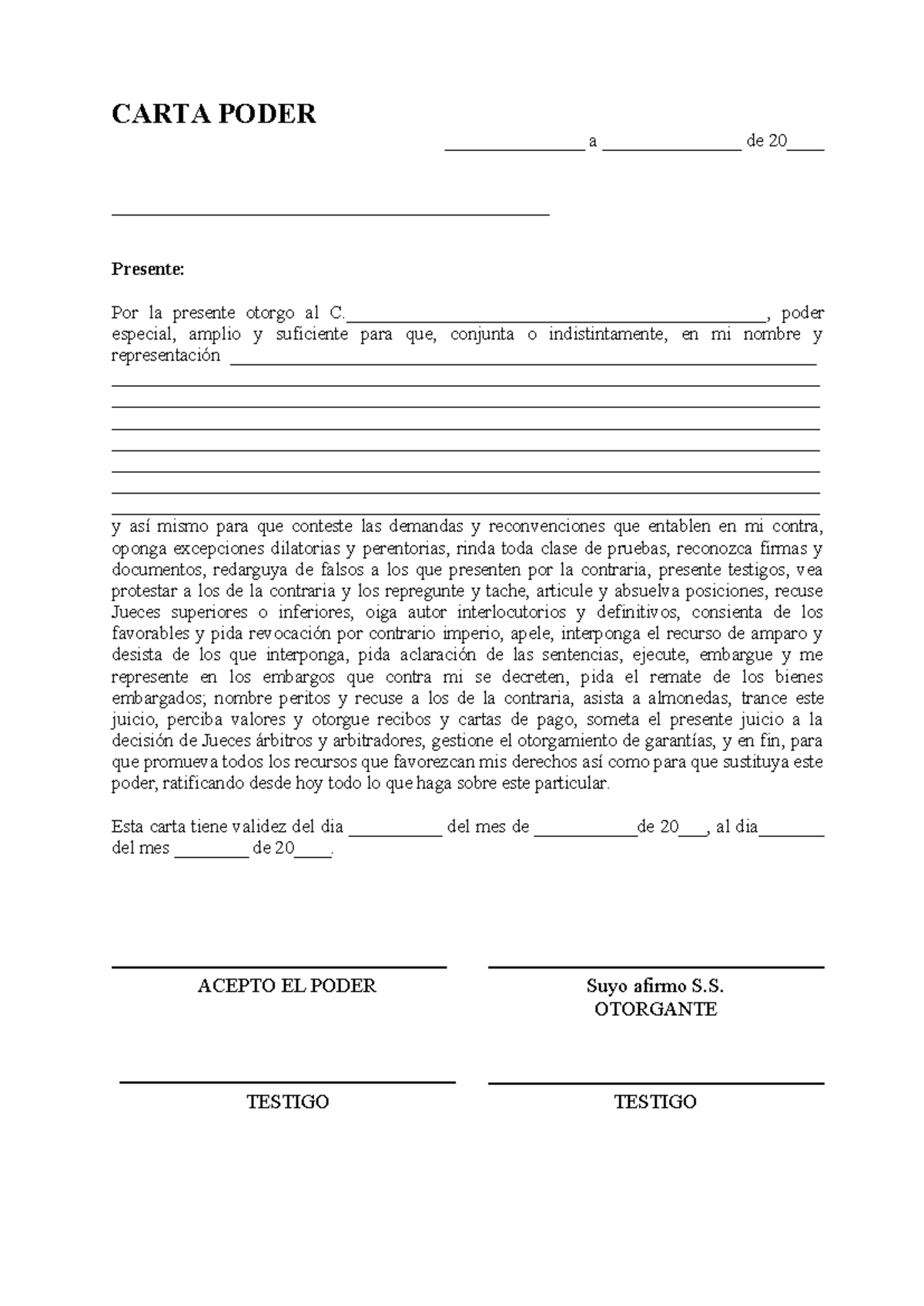 Ejemplo Cartapoder - CARTA PODER _______________ a _______________ de ...