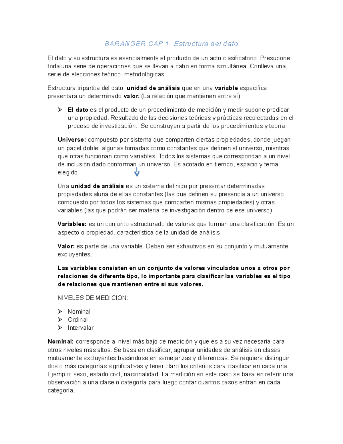 Segundo parcial metodologia resumen - BAR AN GER CAP 1. Estru ctura del dato El dato y su ...