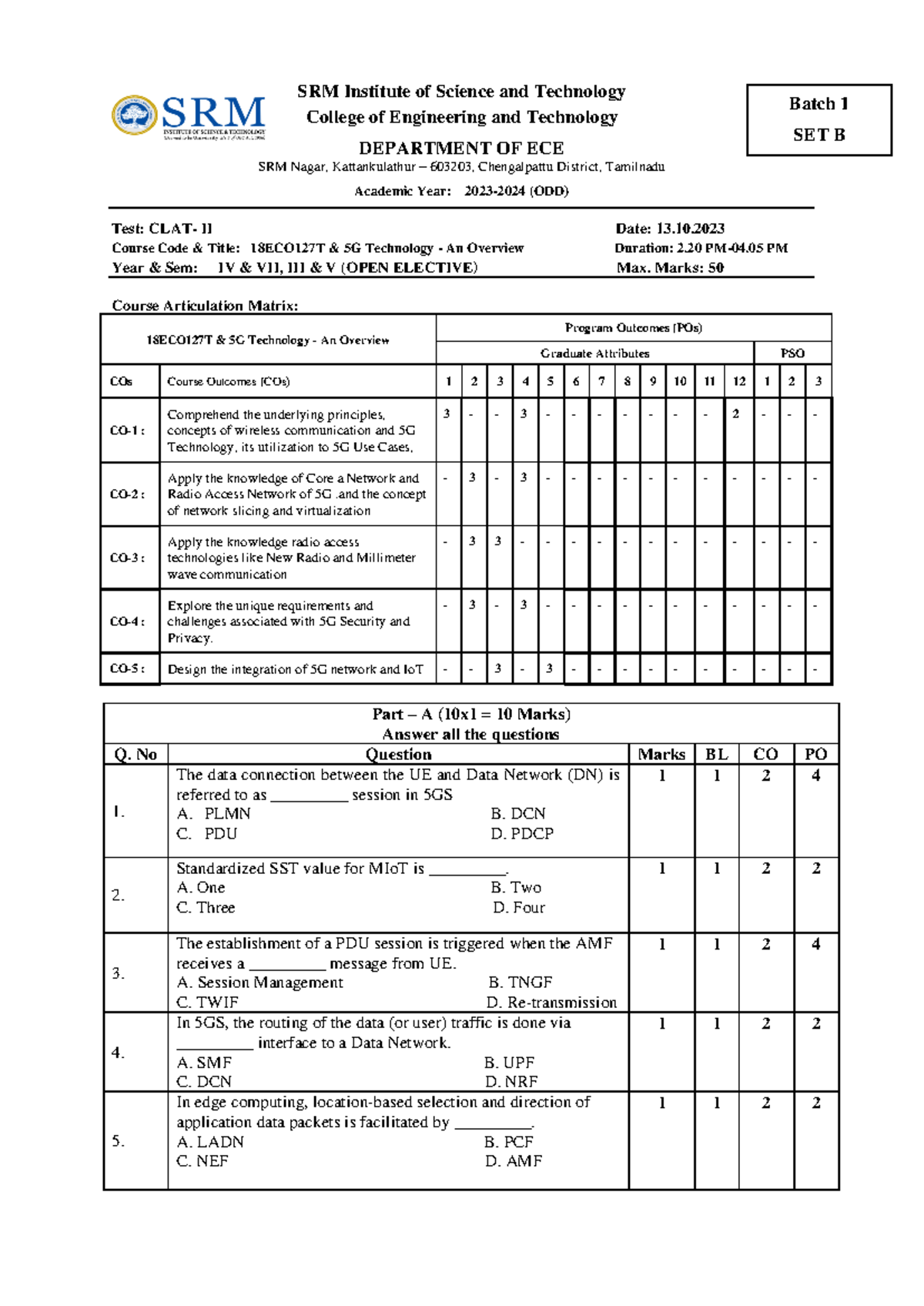 CT2 QP Set B - Previous year papers - SRM Institute of Science and Technology College of ...