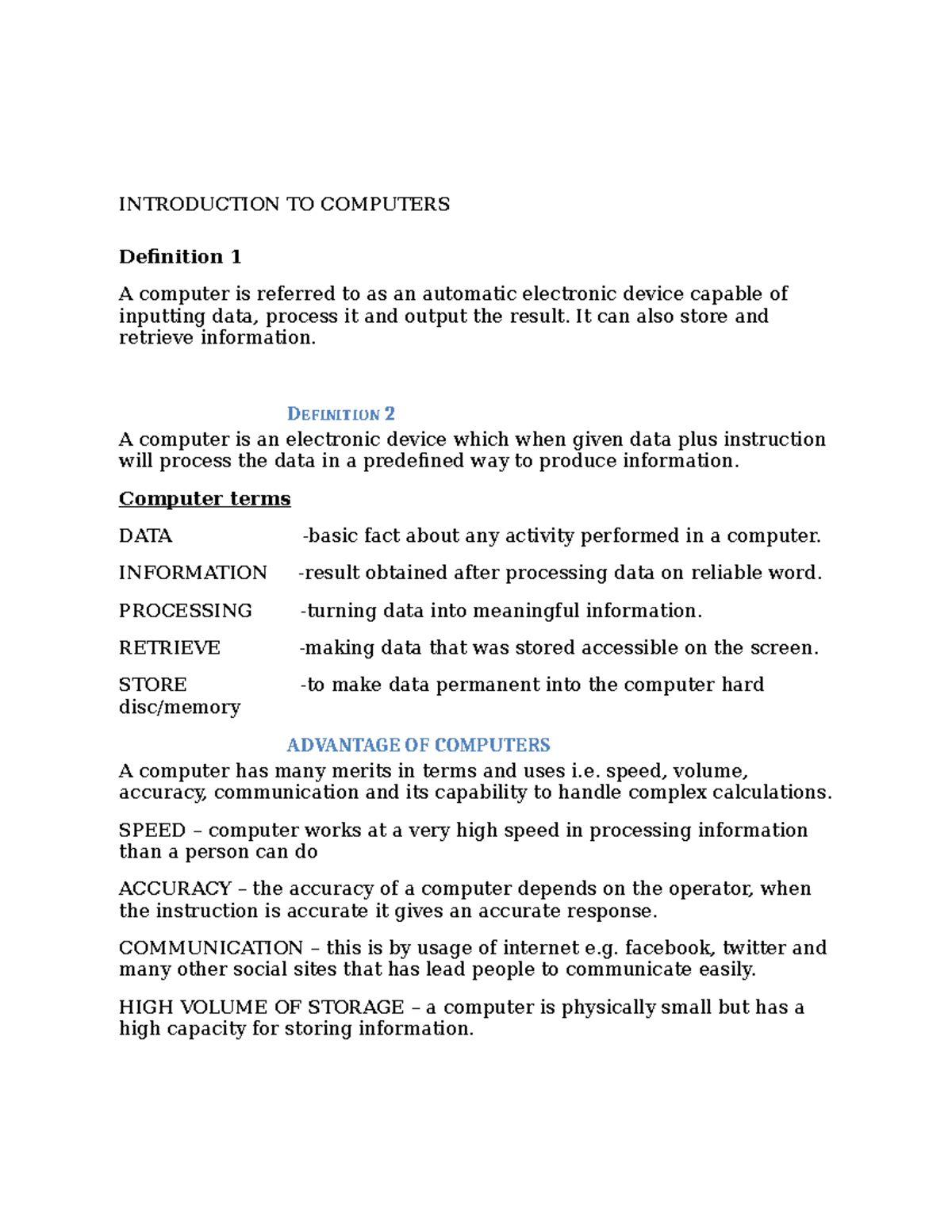 COMP Notes - INTRODUCTION TO COMPUTERS Definition 1 A computer is ...
