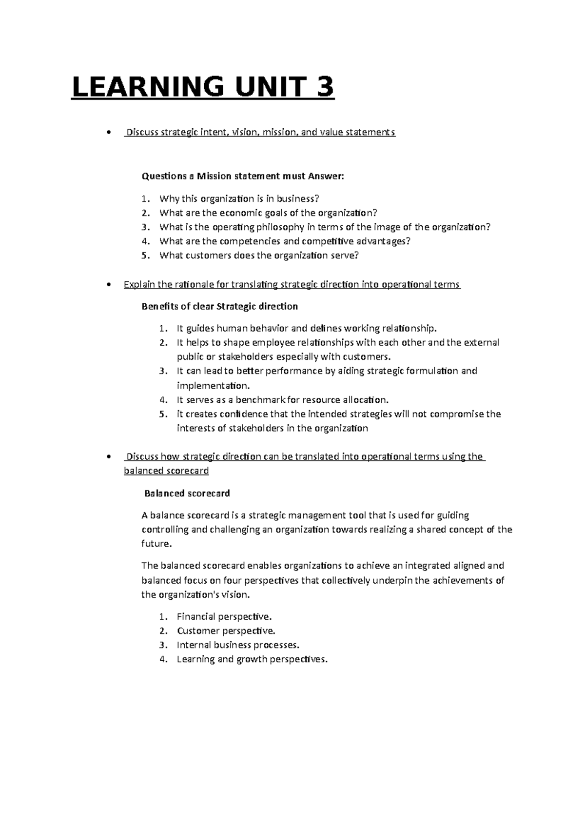 Learning UNIT 3 - Summaries - LEARNING UNIT 3 Discuss strategic intent ...
