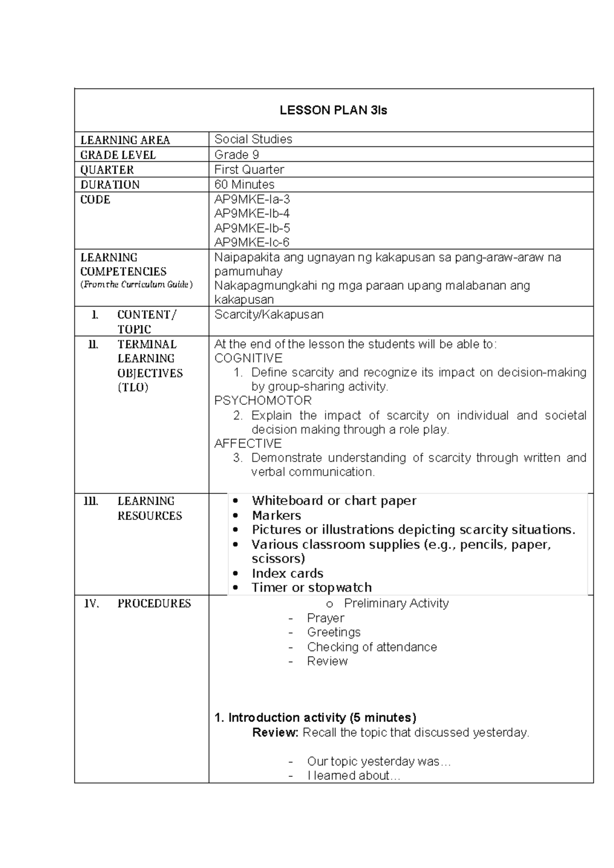3Is LP scarcity final - a semi detailed lesson plan - LESSON PLAN 3Is ...
