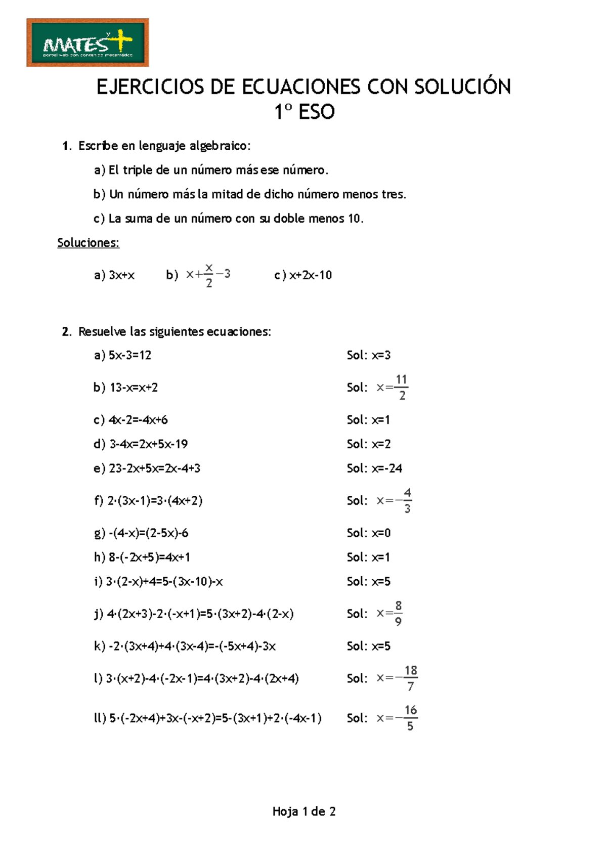 Ecuaciones con solucion - EJERCICIOS DE ECUACIONES CON SOLUCIÓN 1º ESO ...