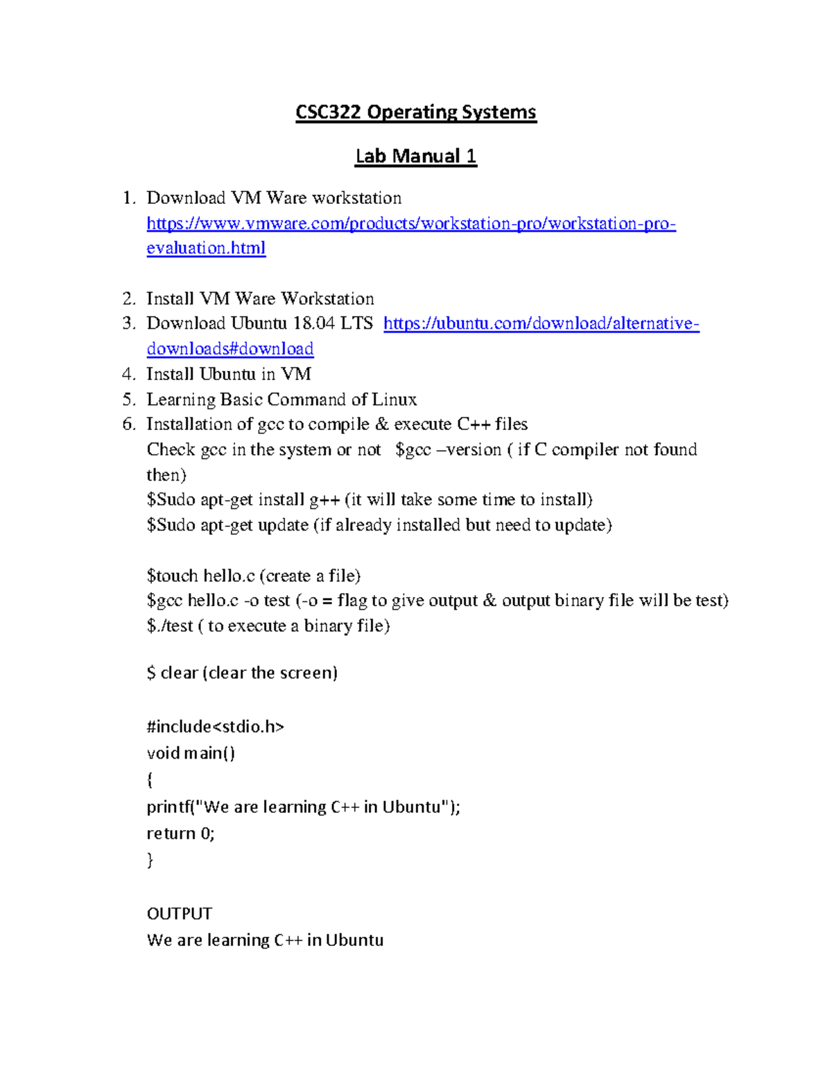 Lab Manual 1 - ABC - CSC322 Operating Systems Lab Manual 1 Download VM Ware workstation - Studocu