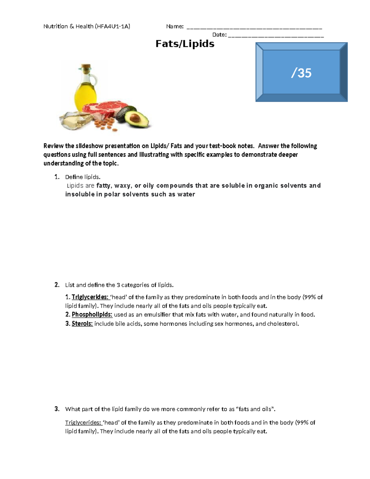 Lipids Worksheet - Date: _____________________________ Fats/Lipids ...