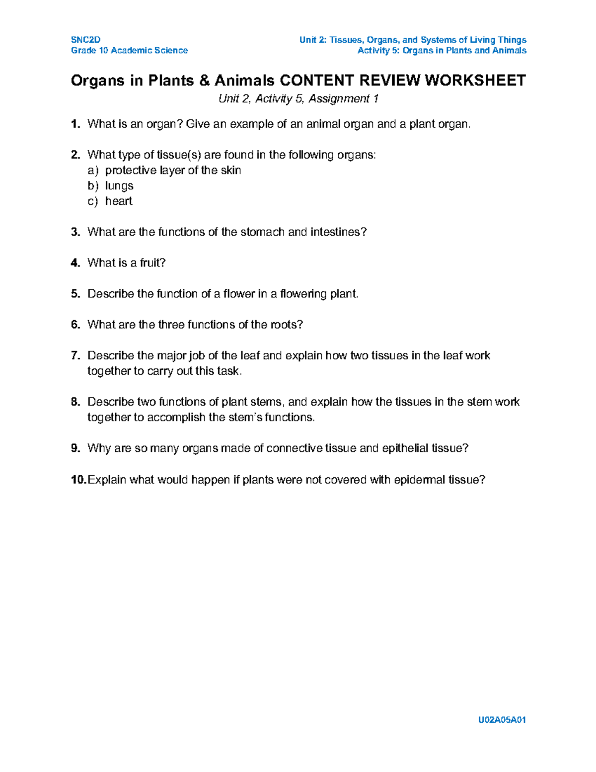 U02A05A01 - Organs in Plants and Animals Content Review Worksheet - SNC ...