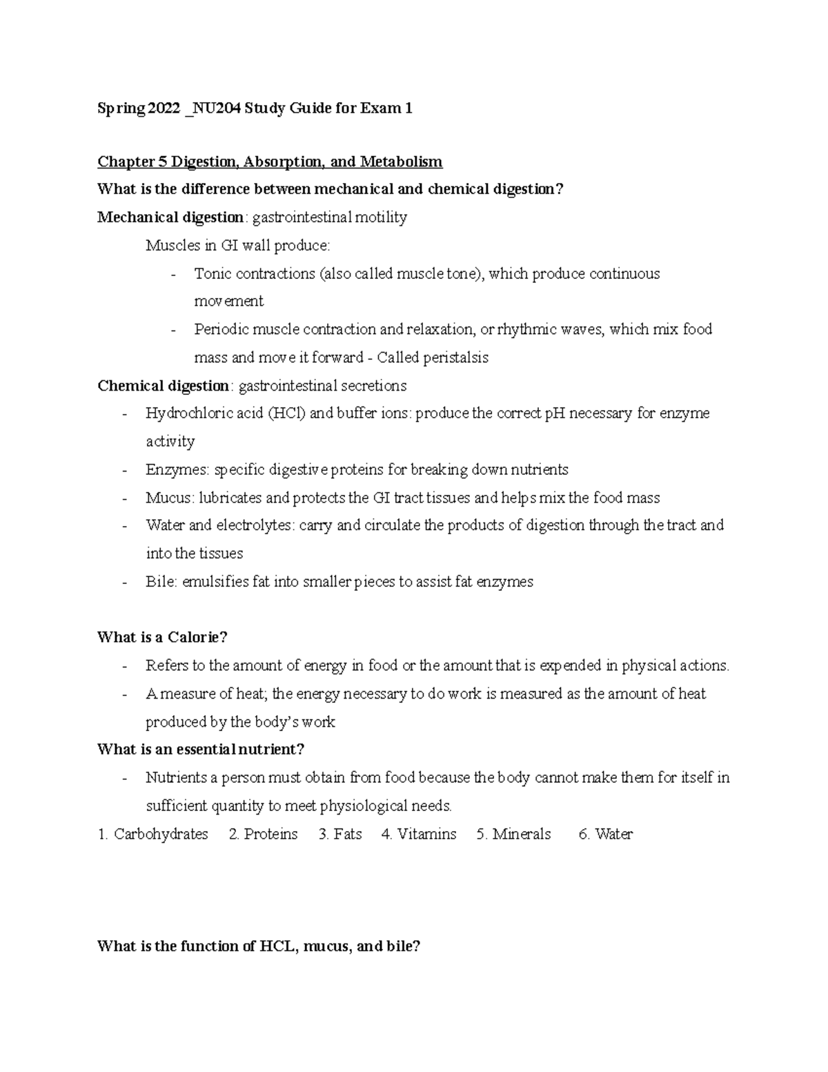 Nutrition Study Guide for Exam 1 - Spring 2022 _NU204 Study Guide for ...