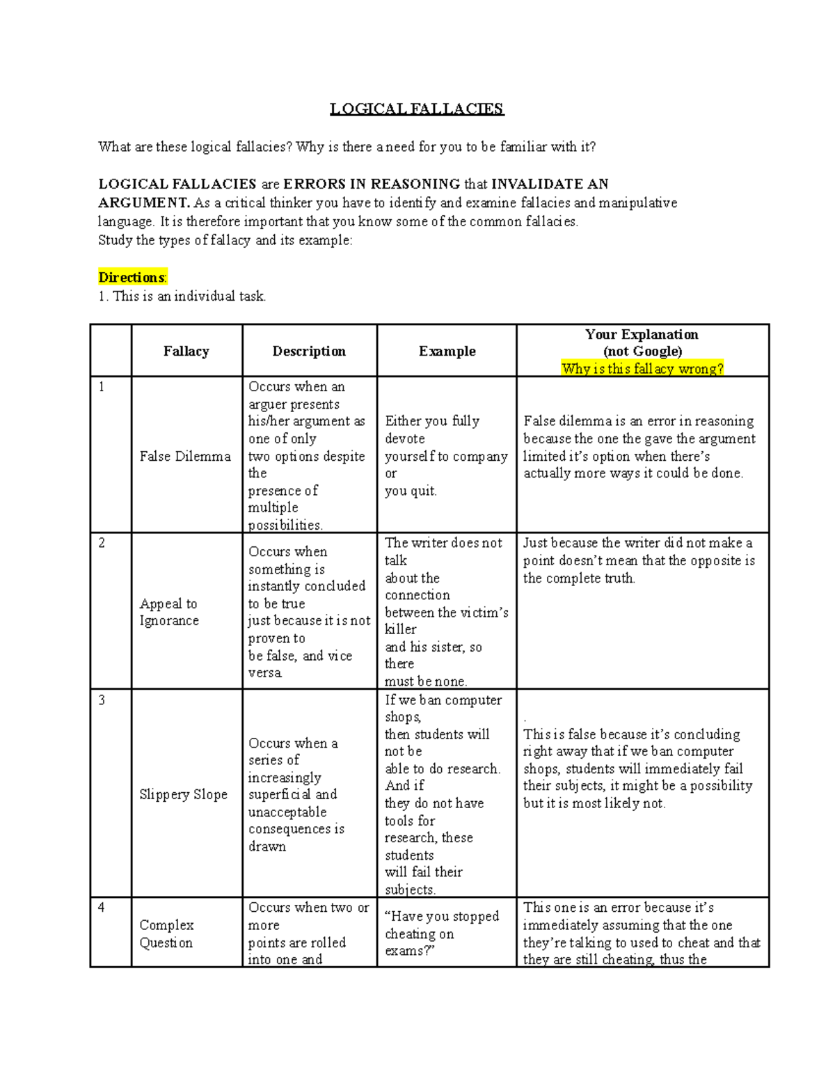 Logical Fallacies - LOGICAL FALLACIES What are these logical fallacies ...