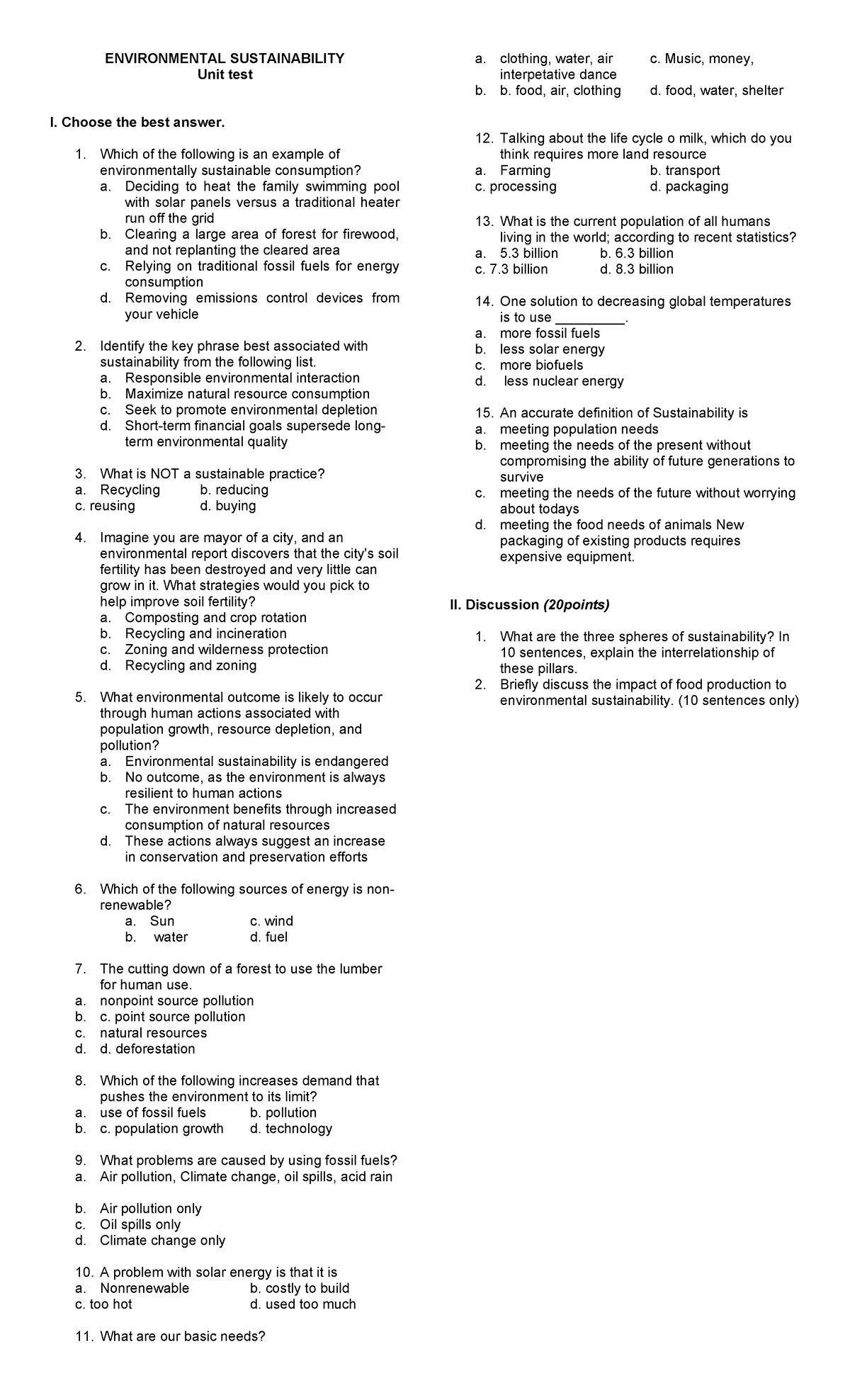 Envrionmental Sustainability - ENVIRONMENTAL SUSTAINABILITY Unit test I ...