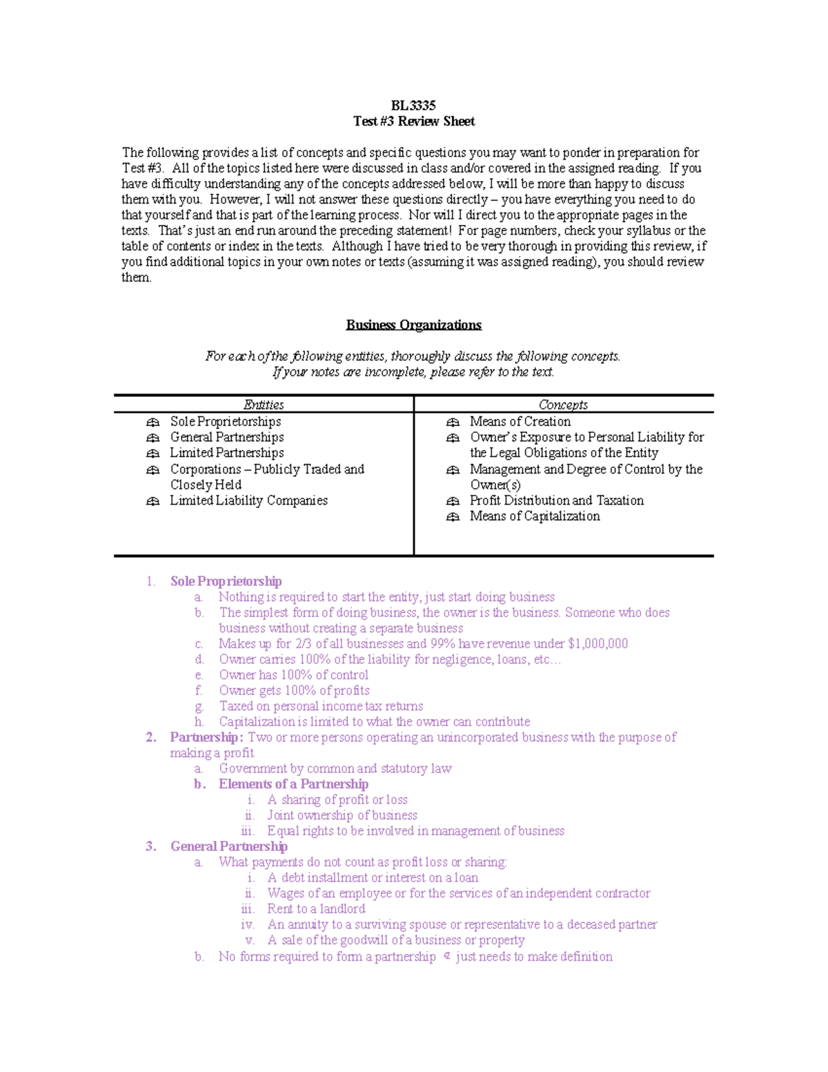 Test #3 - Review Sheet[ 67] - BL Test #3 Review Sheet The following ...