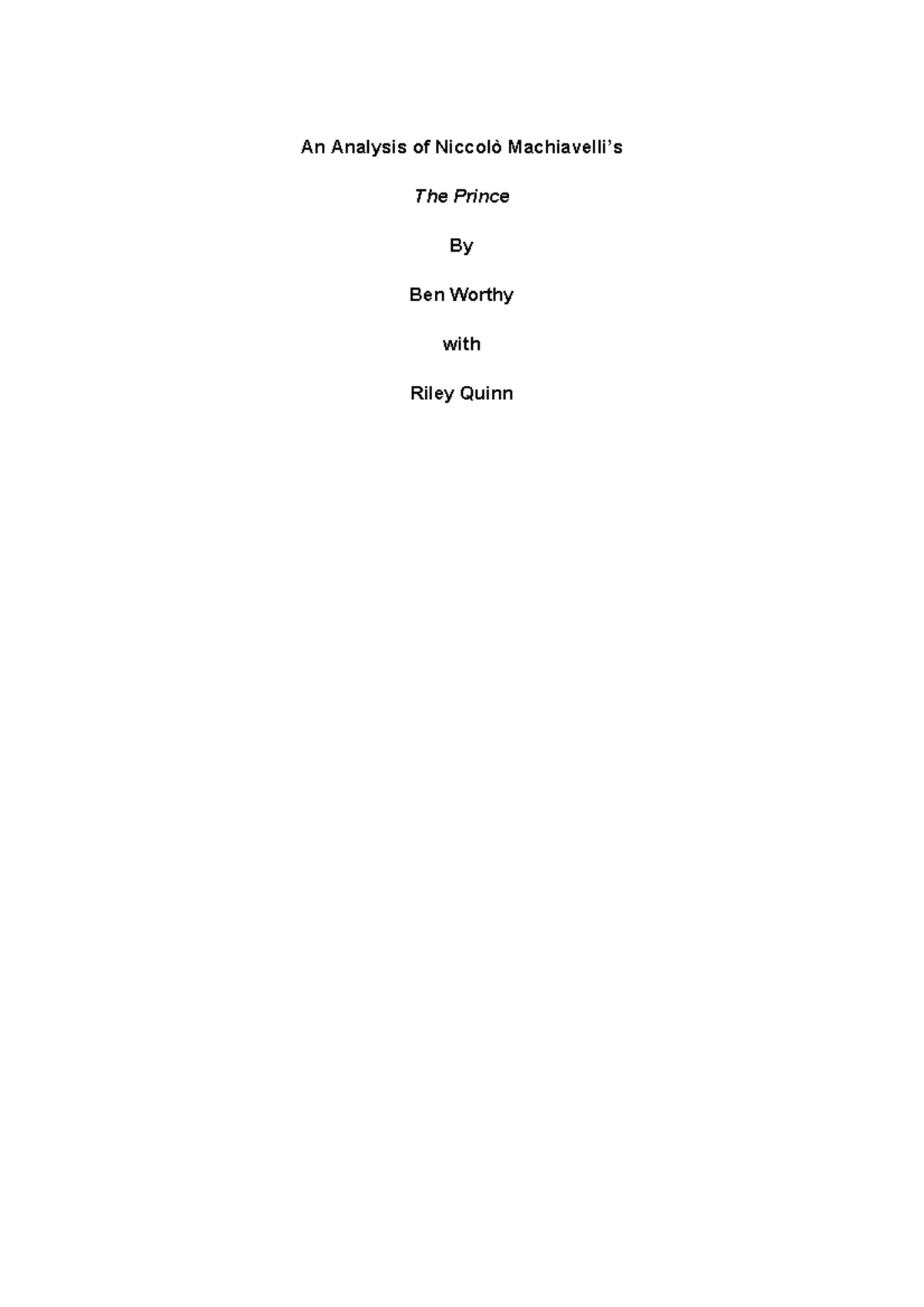 An Analysis of Niccolo Machiavellis The Prince - An Analysis of Niccolò ...