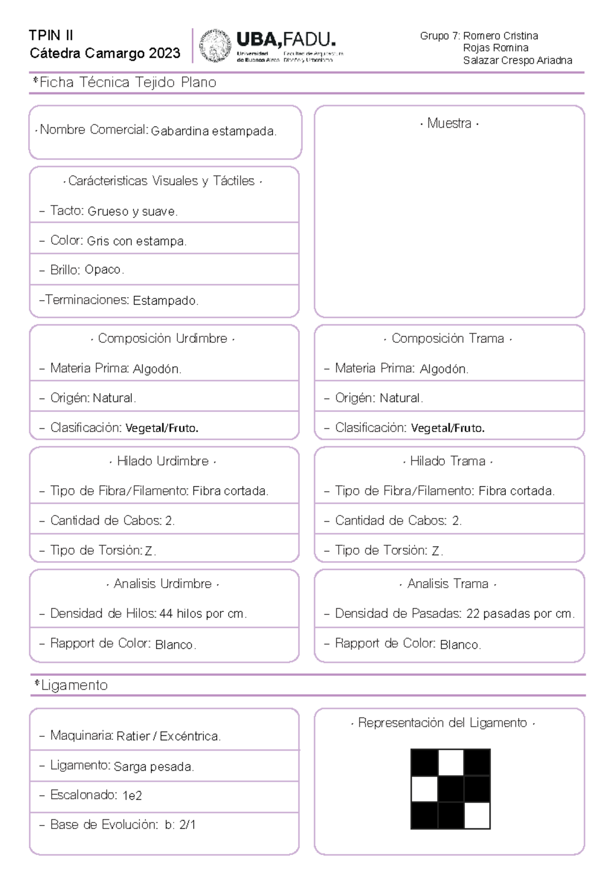 Fichas Tejido Plano - nota 6 - TPIN II C·tedra Camargo 2022 *Ficha TÈcnica Tejido Plano · Nombre ...
