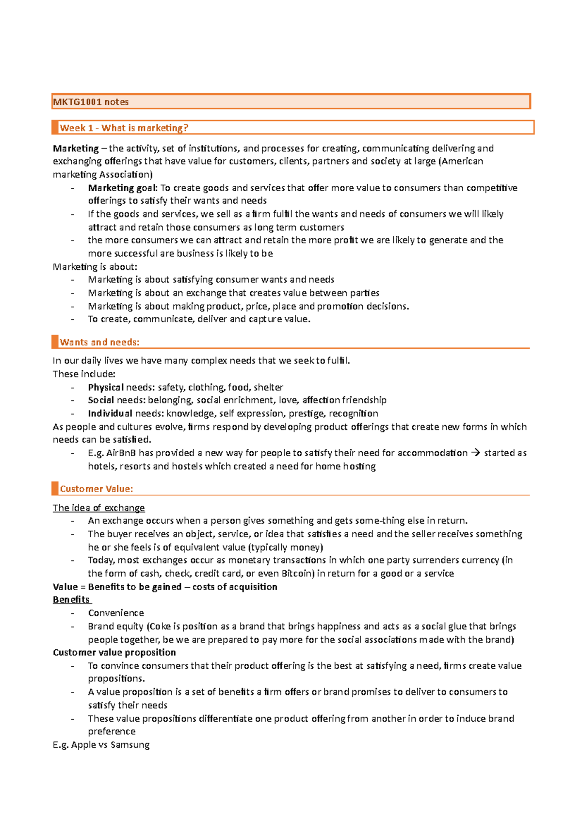 MKTG1001 lecture and textbook notes before mid sem - MKTG1001 notes ...