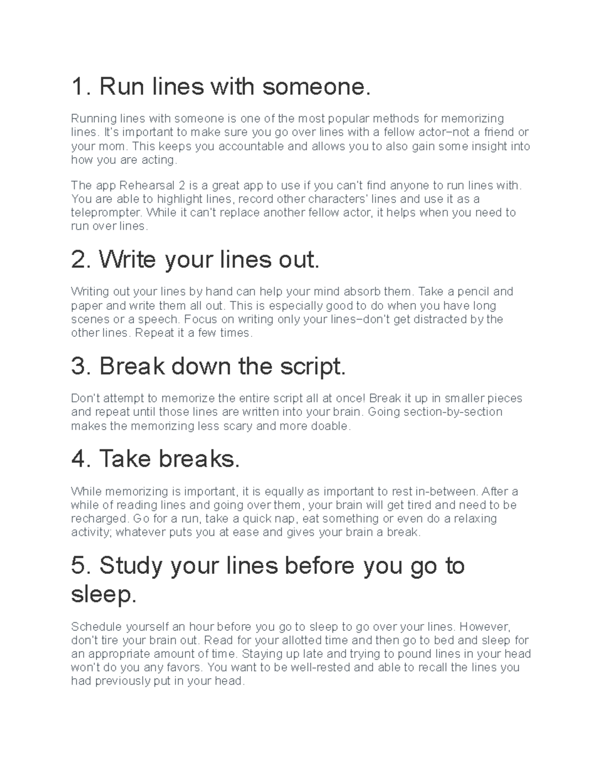 Memorization tricks - 1. Run lines with someone. Running lines with ...