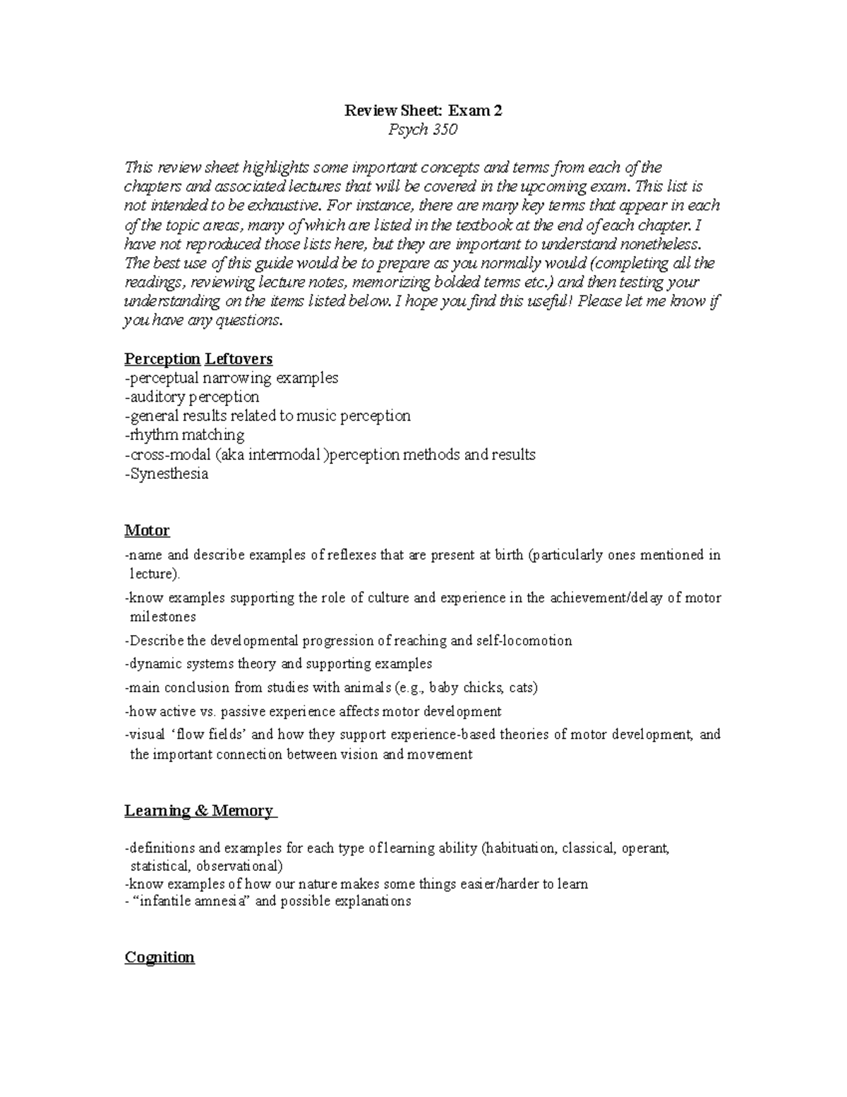 Exam 2 Review Sheet Template (wperception leftovers no language ...