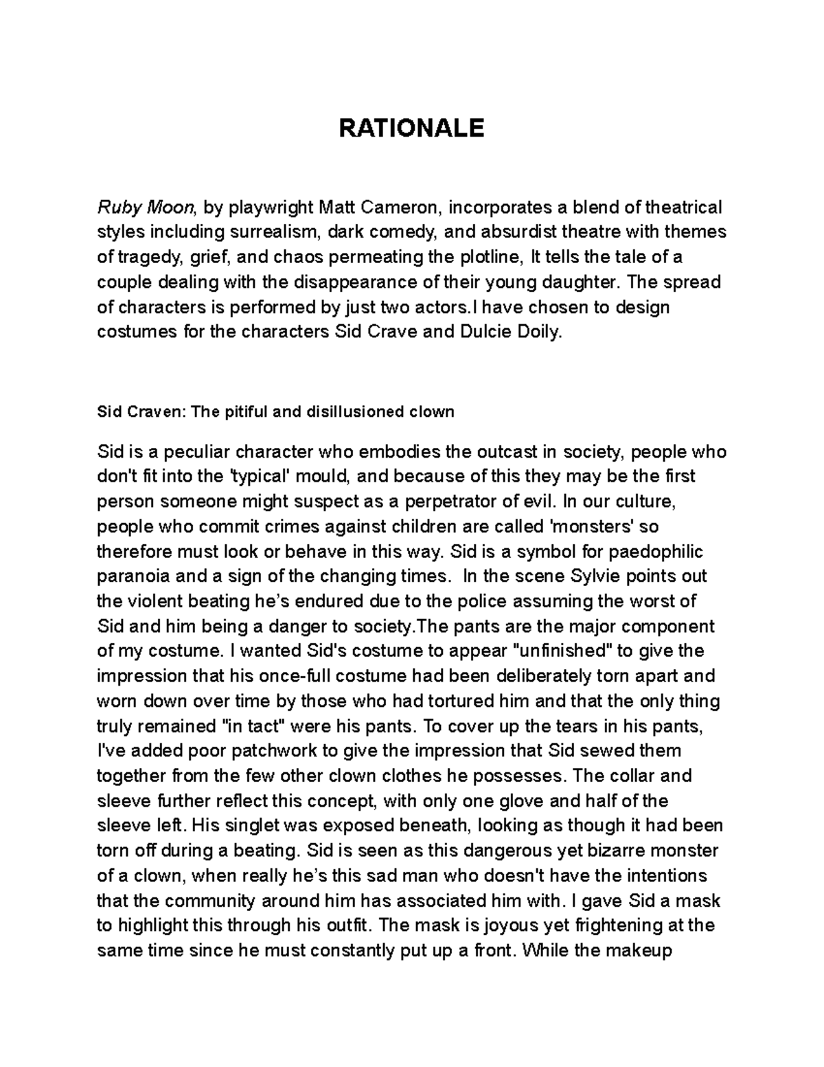 Drama Reflection - rationale for design task - RATIONALE Ruby Moon, by ...