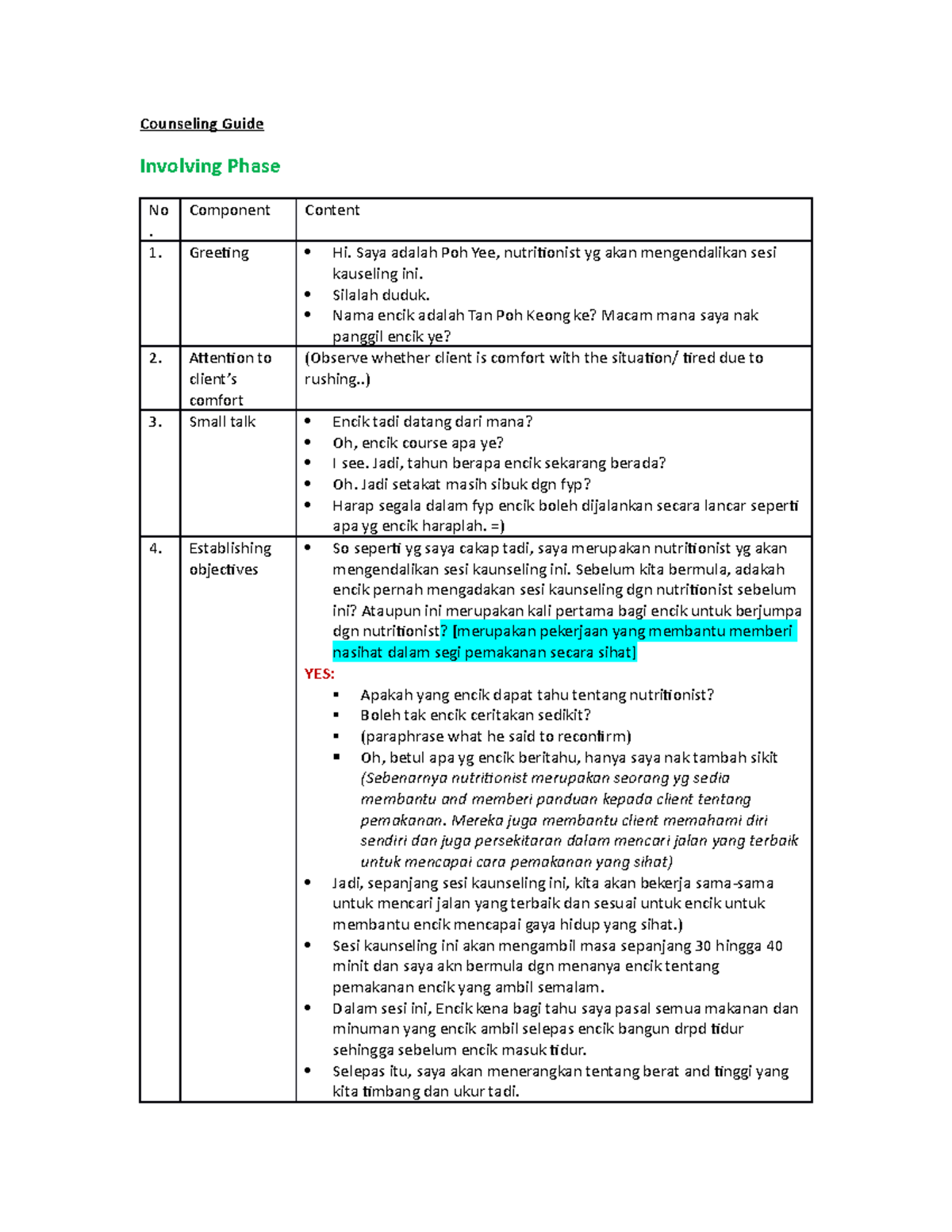Counseling Guide - Counseling Guide Involving Phase No . Component ...