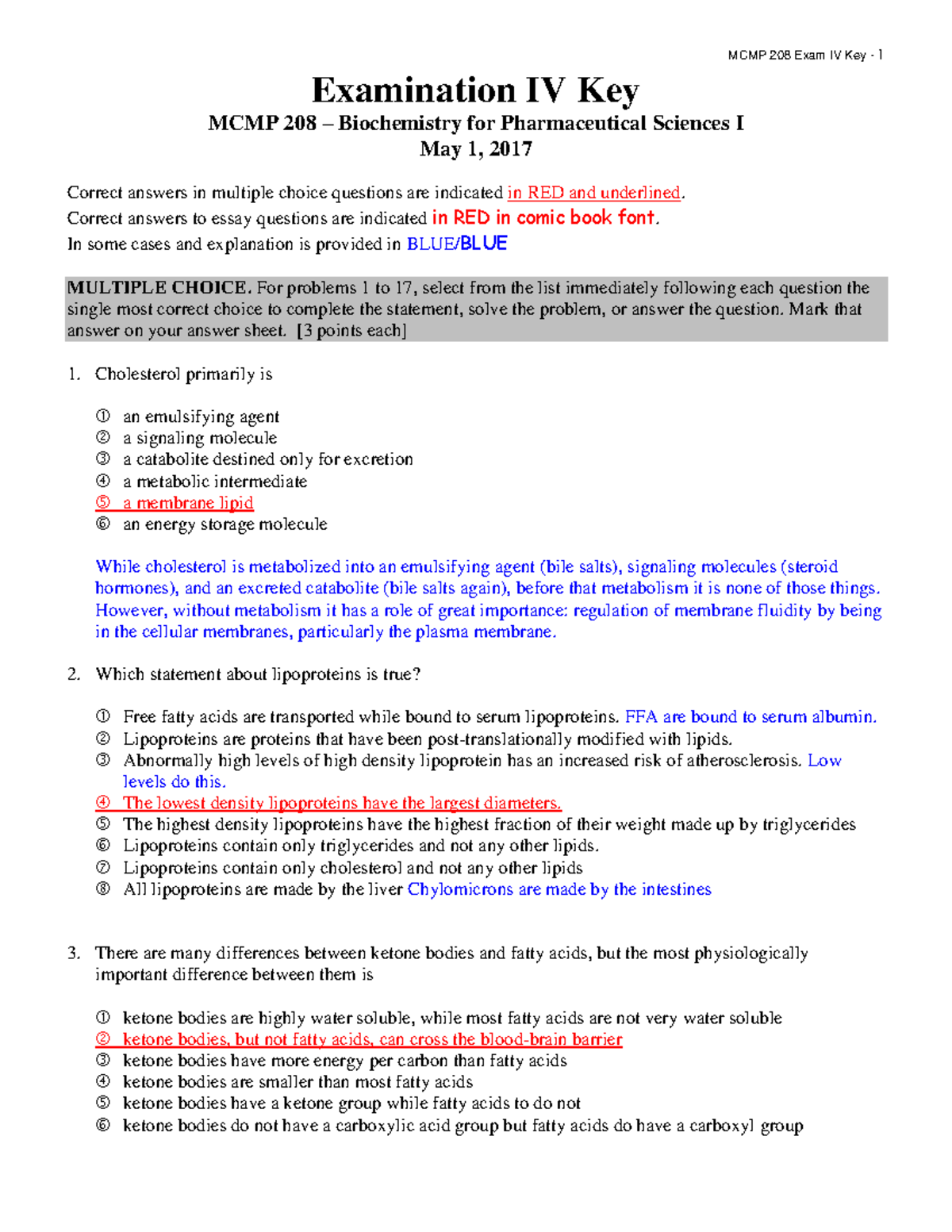 Exam4-key - Notes for lab work - Examination IV Key MCMP 208 ...