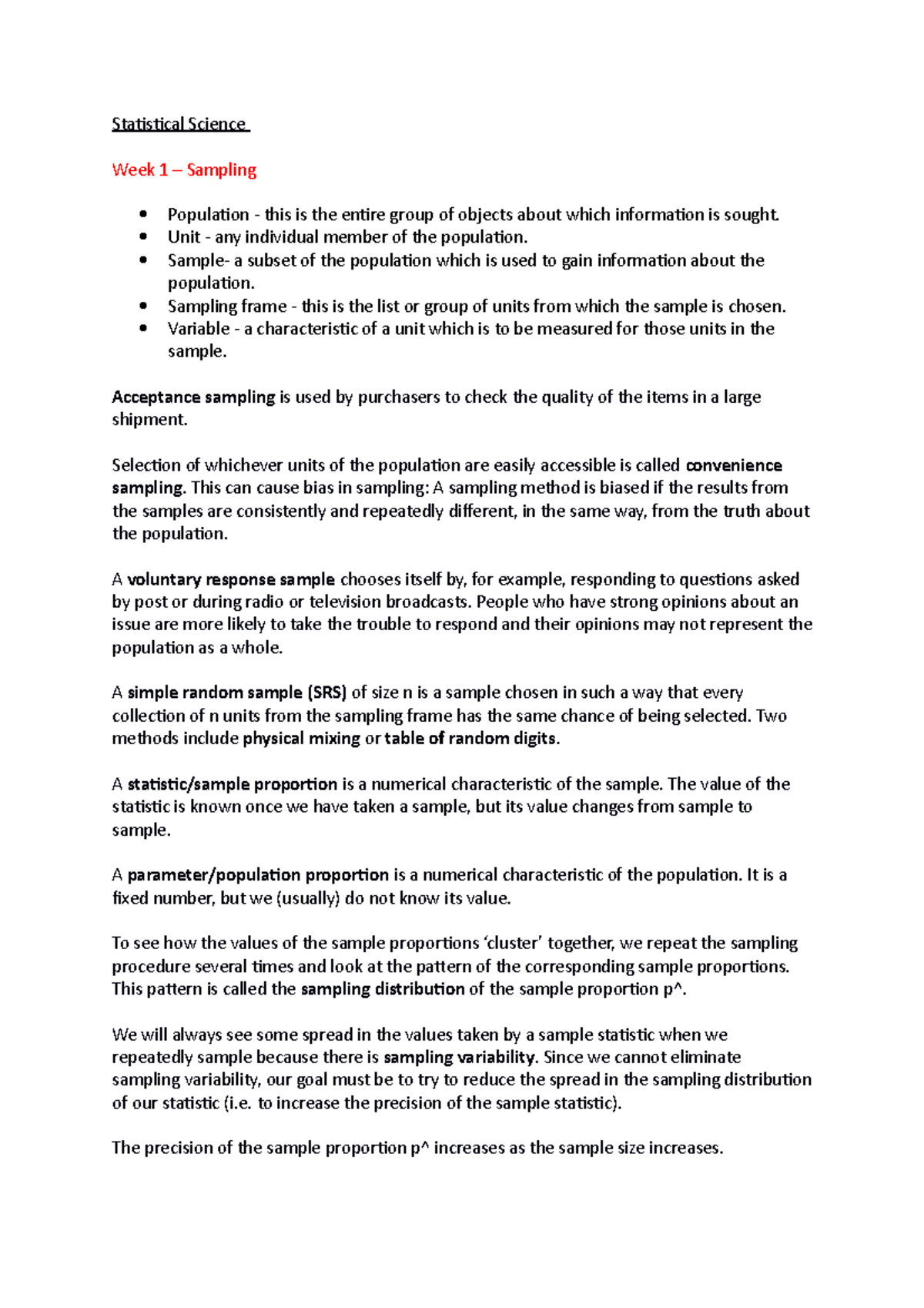 Introduction to Statistical Science A Notes - Statistical Science Week ...