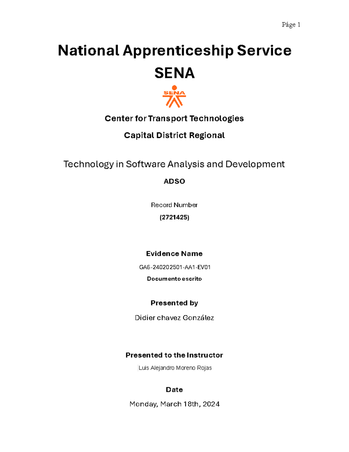Documento escrito - Páge 1 National Apprenticeship Service SENA Center ...