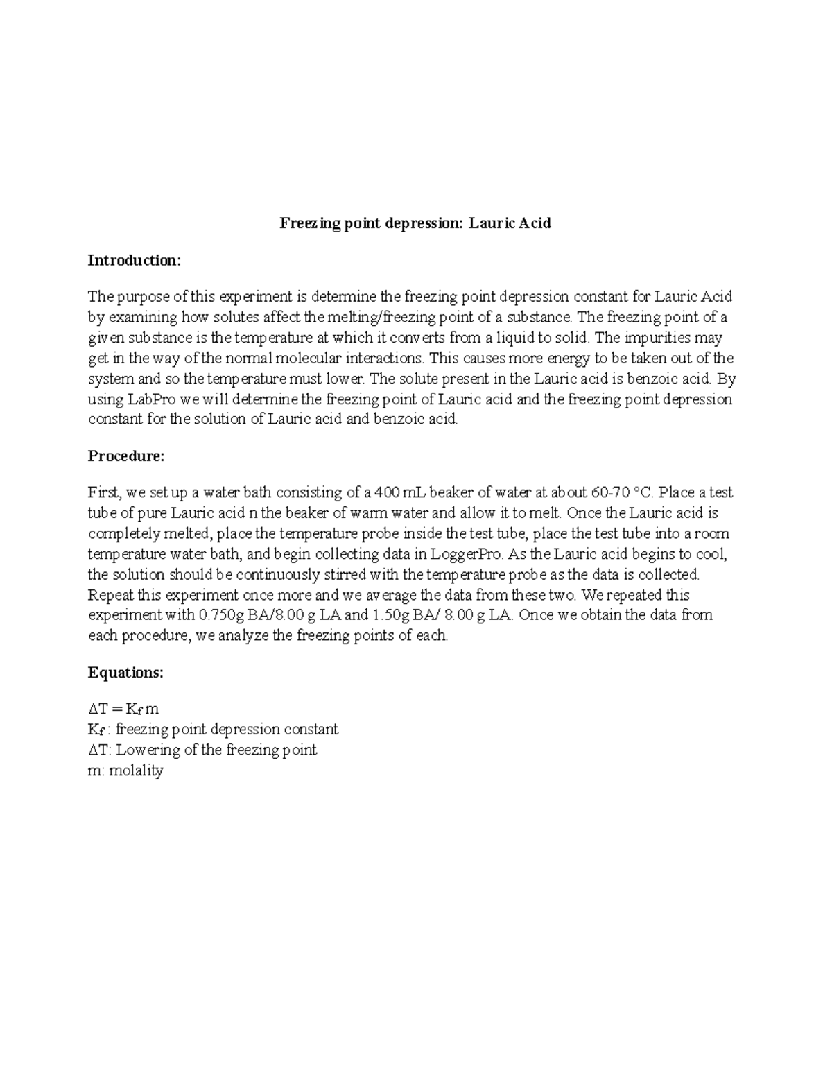 Freezing point Lab report and worksheet - Freezing point depression ...