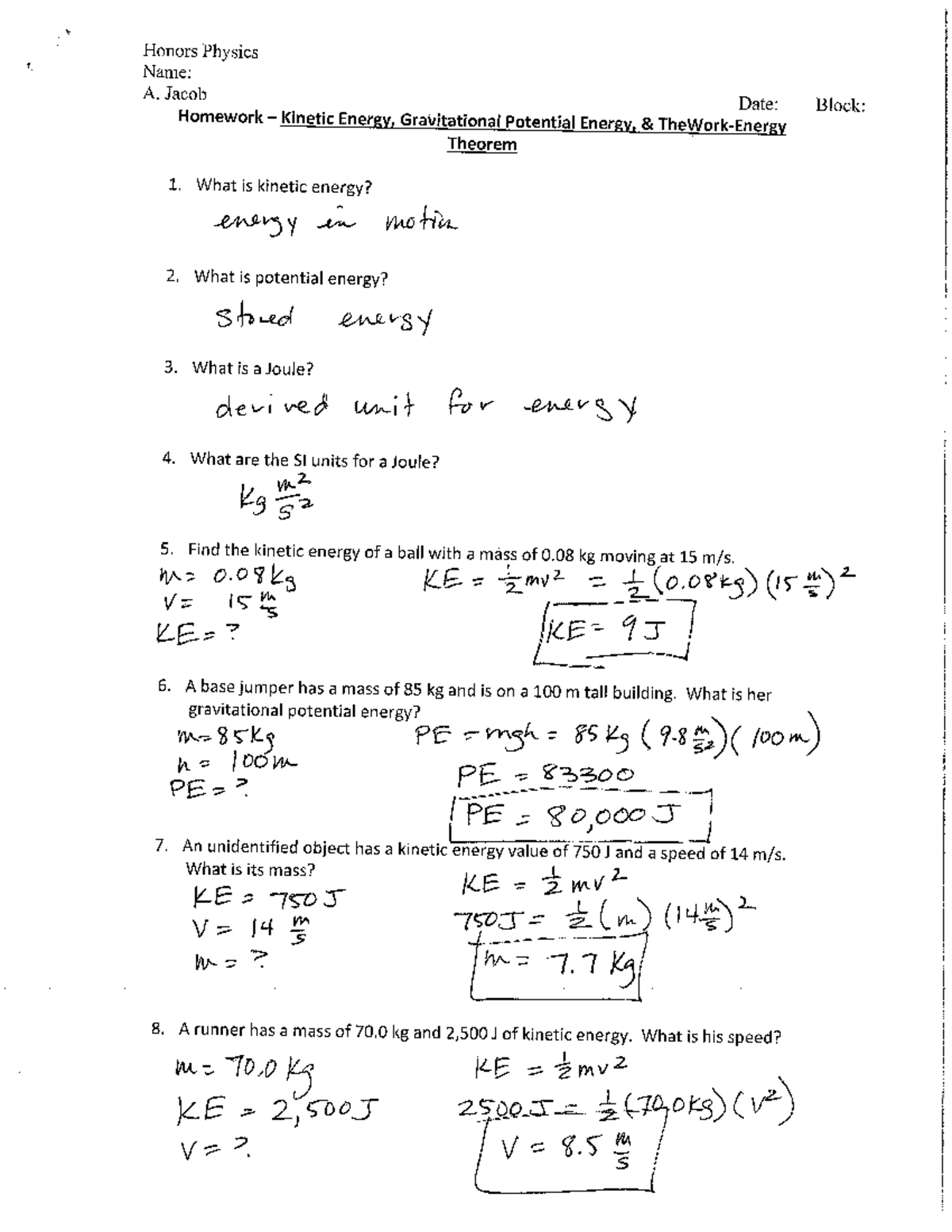 Homework, Key - Kinetic and Gravitational Potential Energy - PHYS 1411 ...
