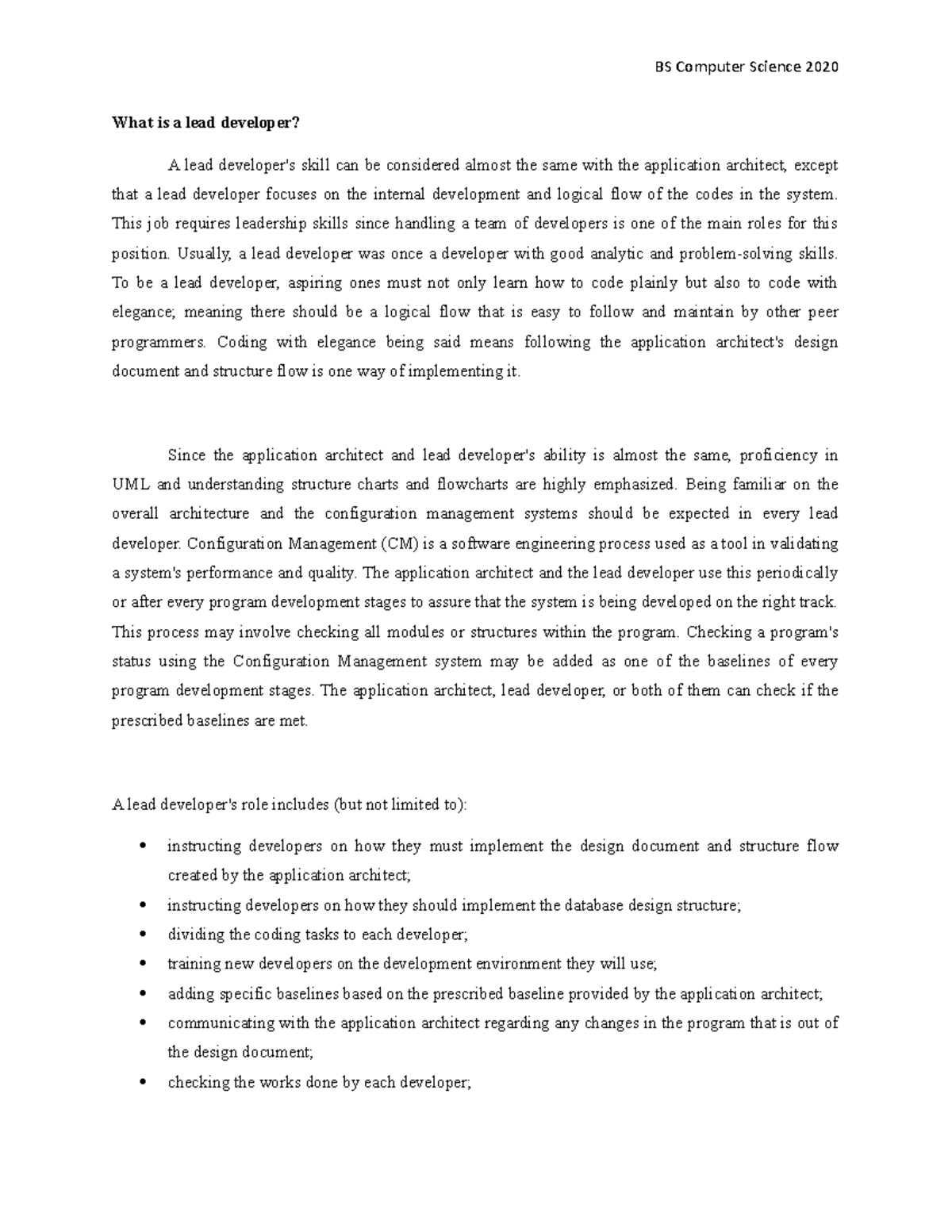 What is a lead developer - BS in Computer Science - Studocu