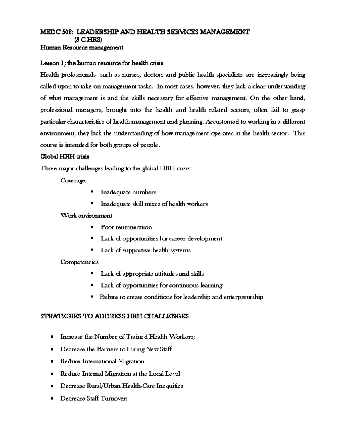 MEDC 508;HEalth workforce module - Health System Management - KMTC ...