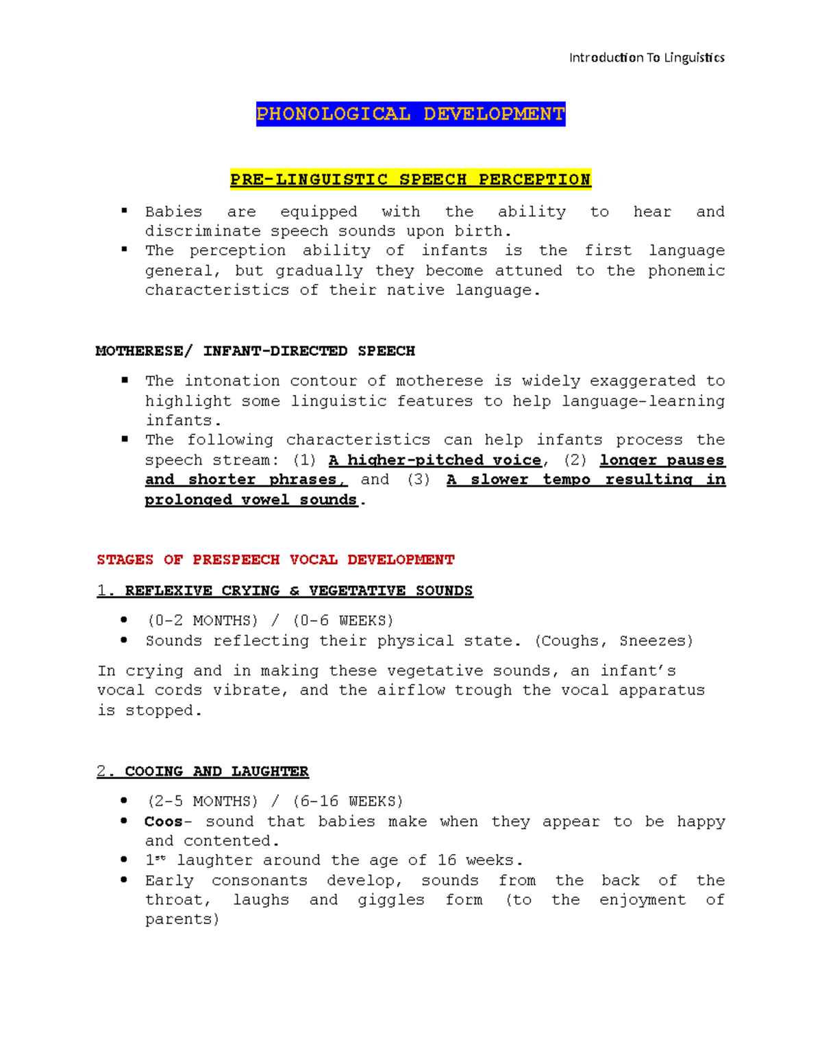 Introduction to Linguistic Phonological Development Prelinguistic Speech Perception ...