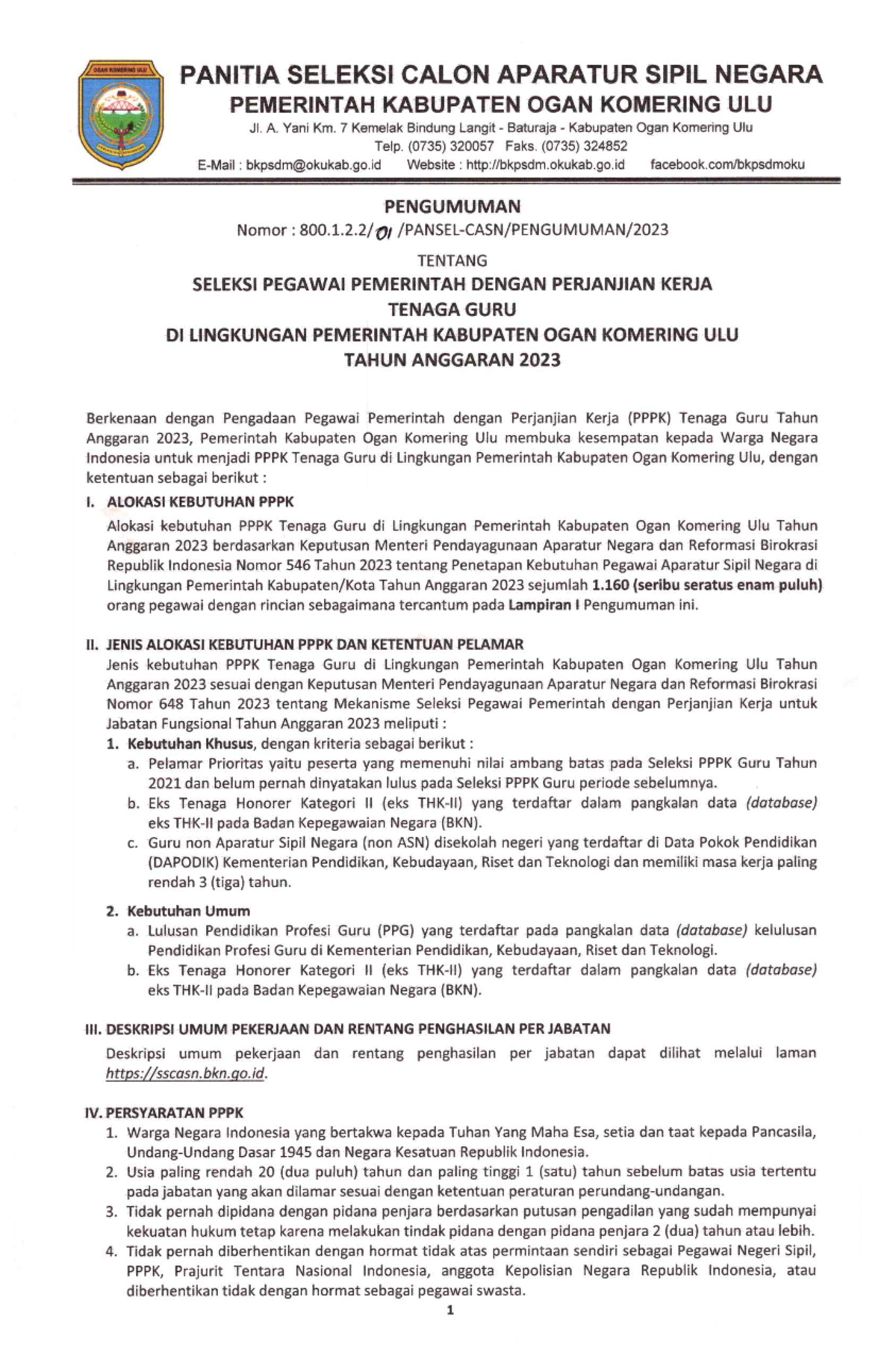 Pengumuman PPPK GURU OKU 2023 - Pengurusan Surat, Tata Persuratan Dan ...