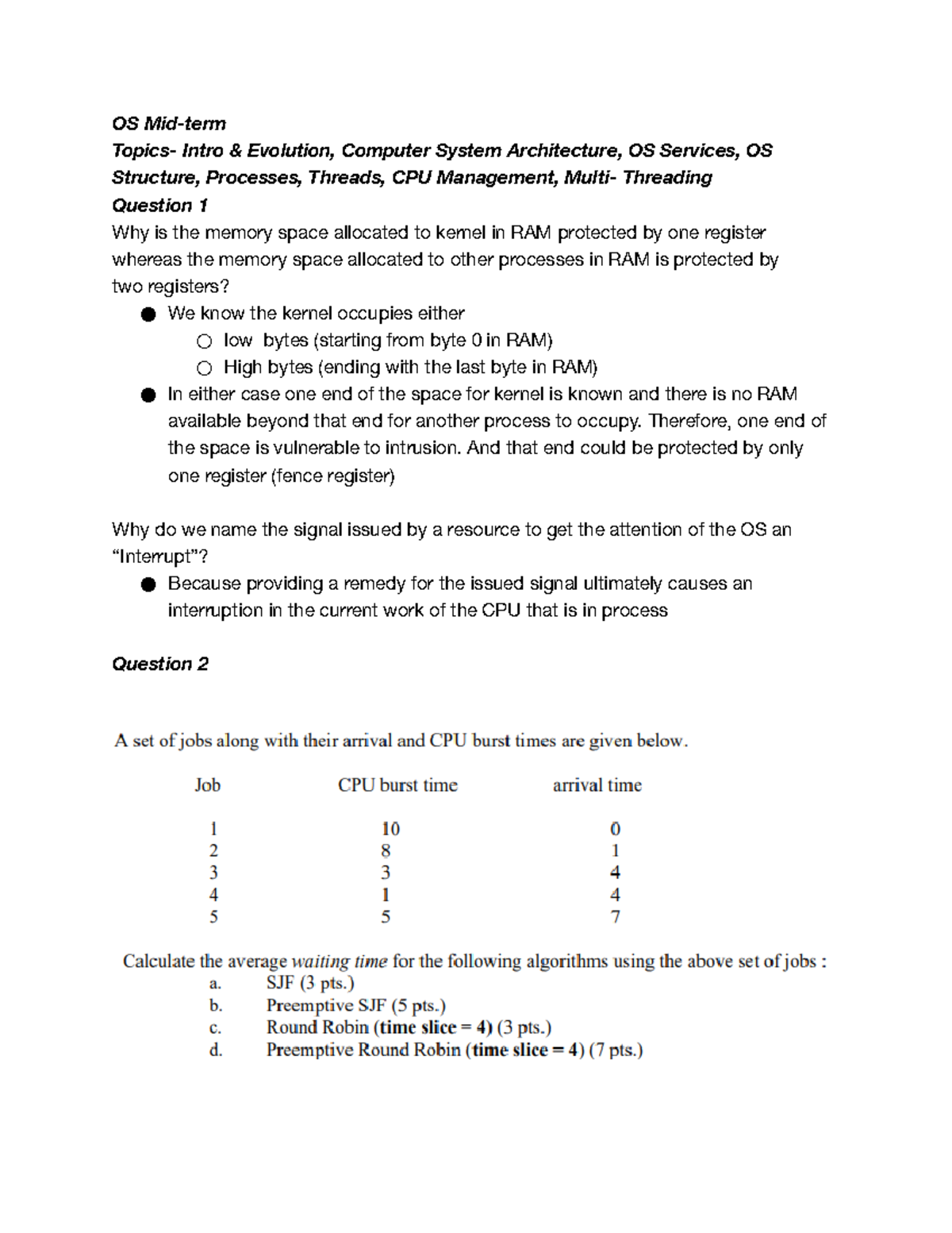 Mid-Term - Introduction to Operating Systems - CSCI 3341 - Dr. Hashimi - Final Exam: May - OS ...