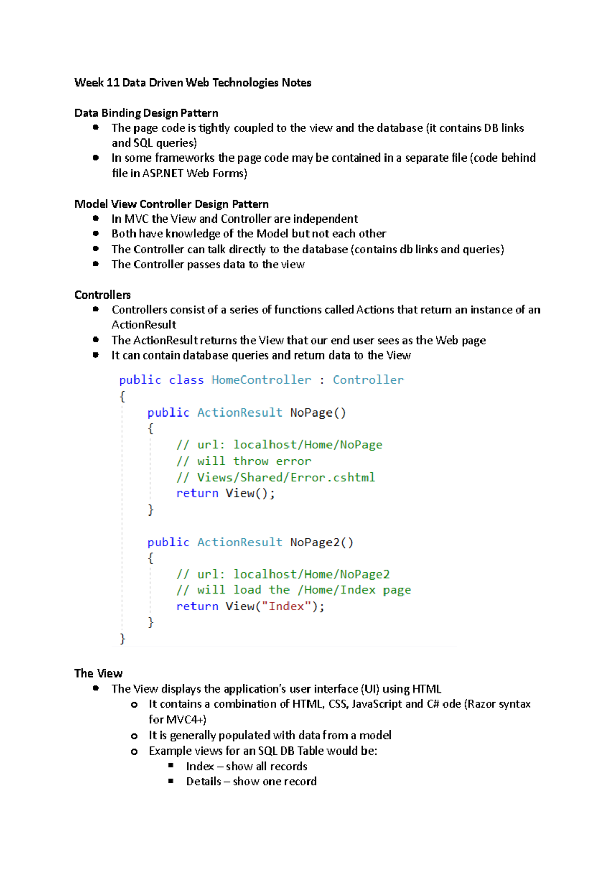 Week 11 Data Driven Web Technologies Notes - View and Controllers The ...