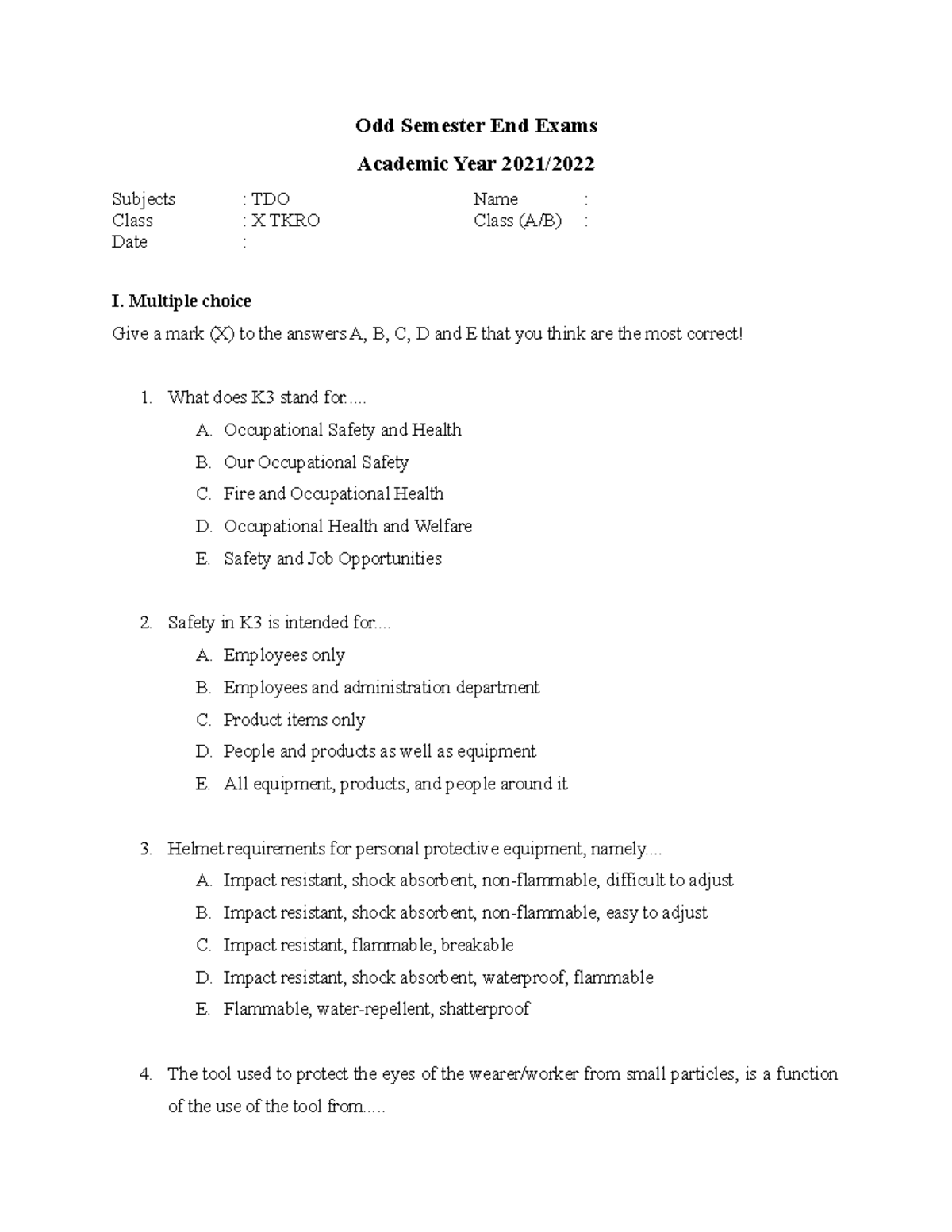 Example of UAS Basic Automotive Technology Questions - Odd Semester End ...