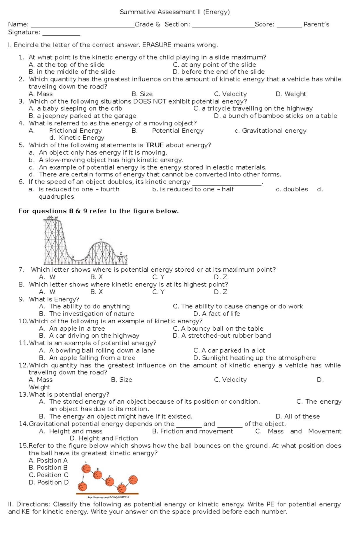 Summative Assessment II (Energy) - Encircle the letter of the correct ...
