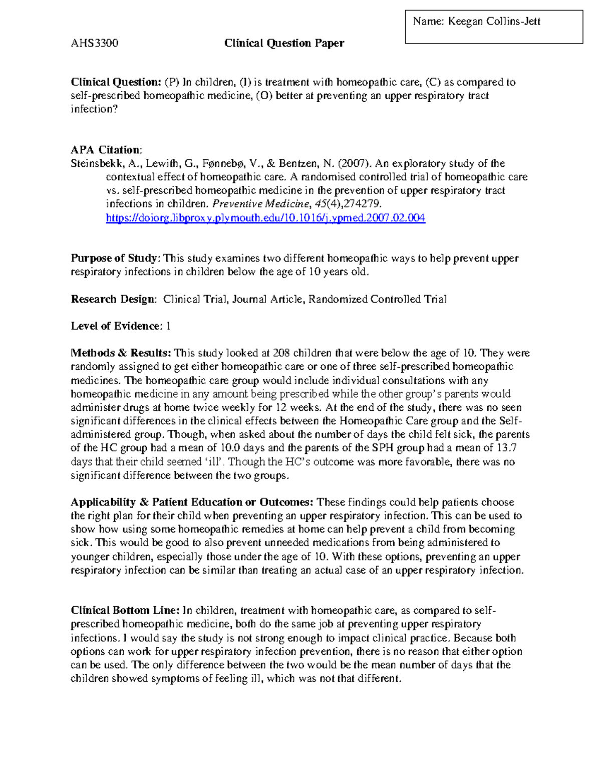 Collins-Jett Clinical Question 3 - AHS3300 Clinical Question Paper ...