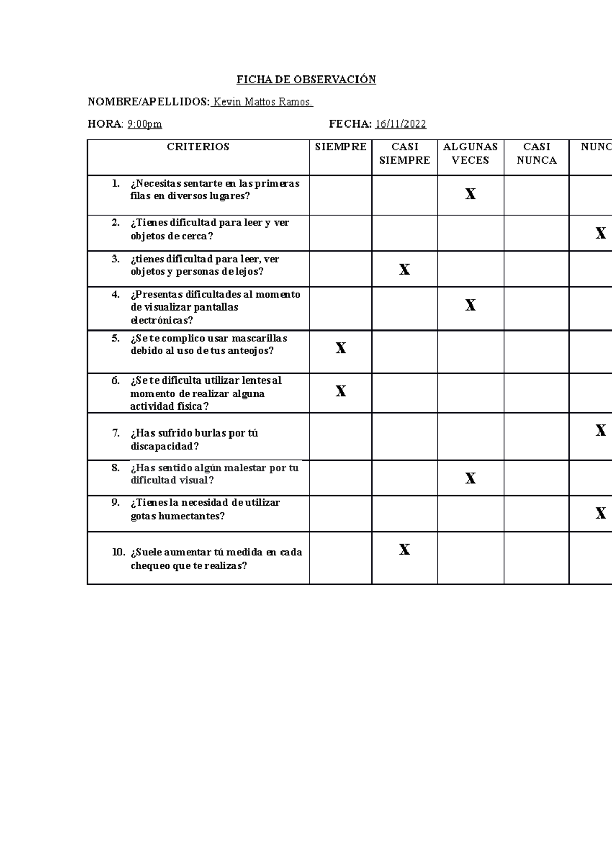 Ficha DE Observación Discapacidad Visual - FICHA DE OBSERVACIÓN NOMBRE ...