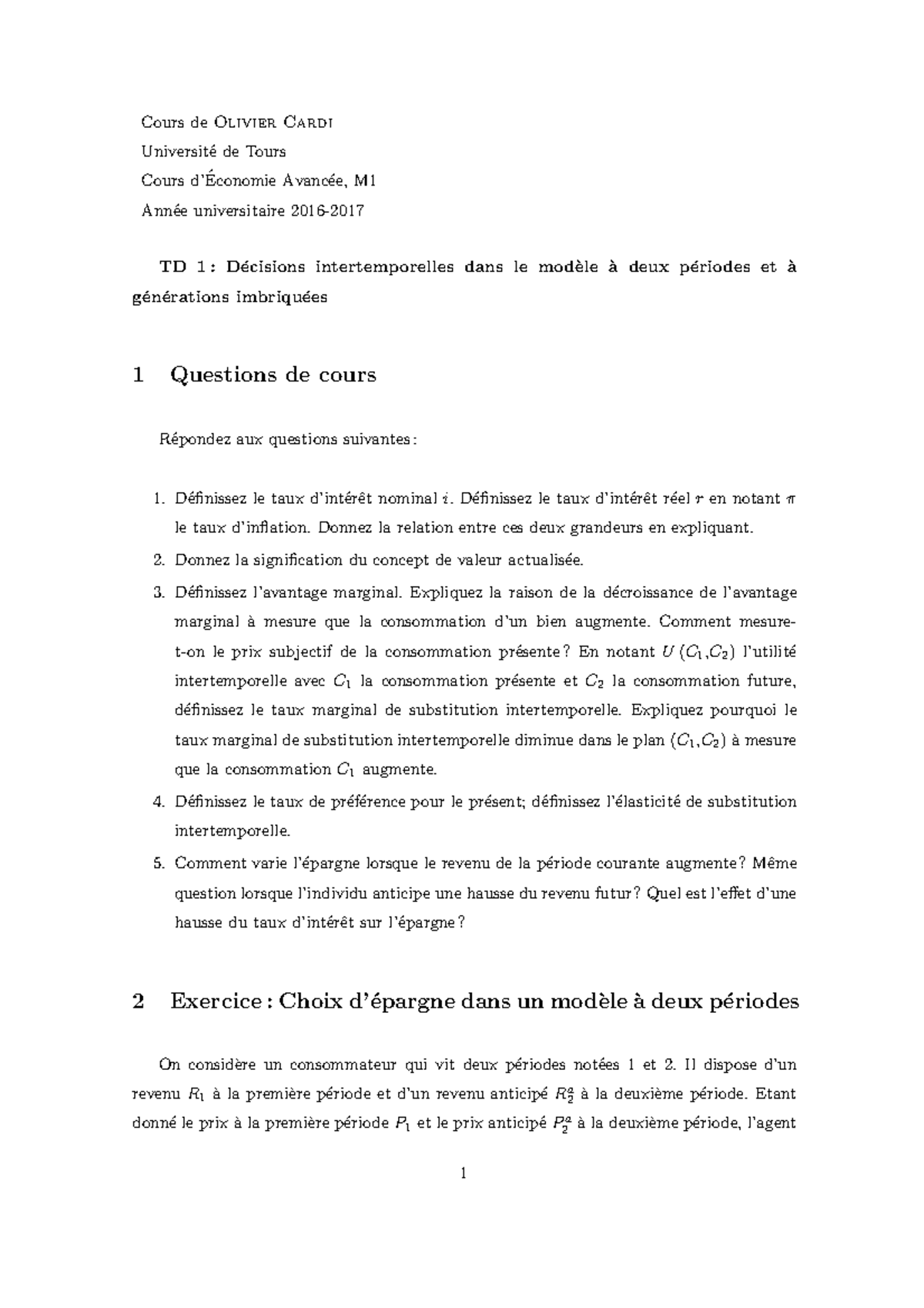 LES Choix Intertemporels DU Consommateur - Cours de Olivier Cardi Universit ́e de Tours Cours d ...