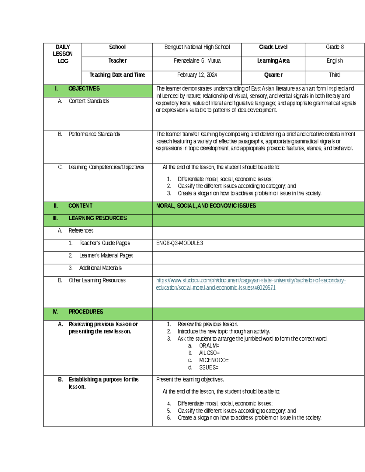 Moral Social Economic Issue - DAILY LESSON LOG School Benguet National ...