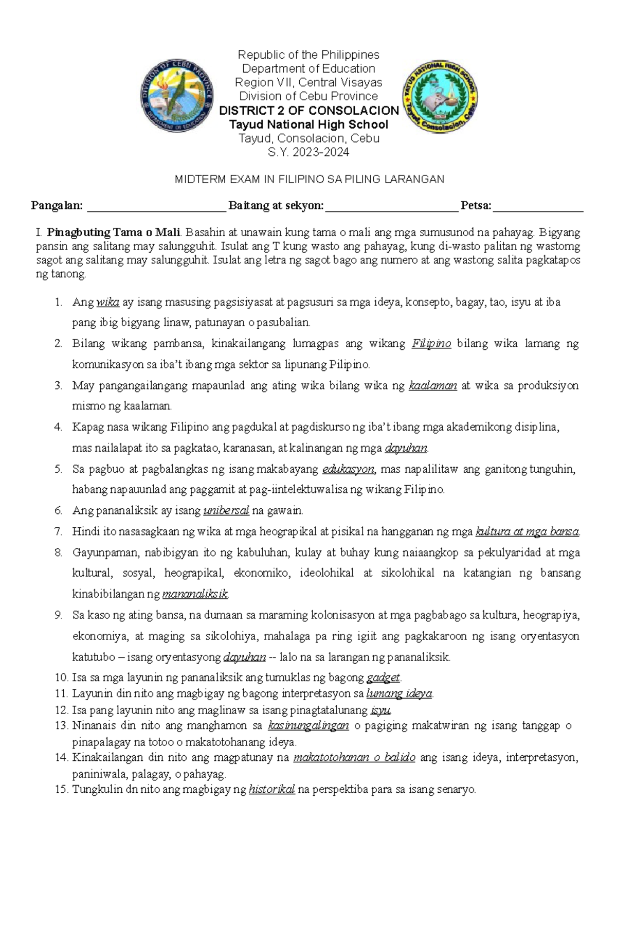 Filipino sa piling larangan midterm exam - Republic of the Philippines ...