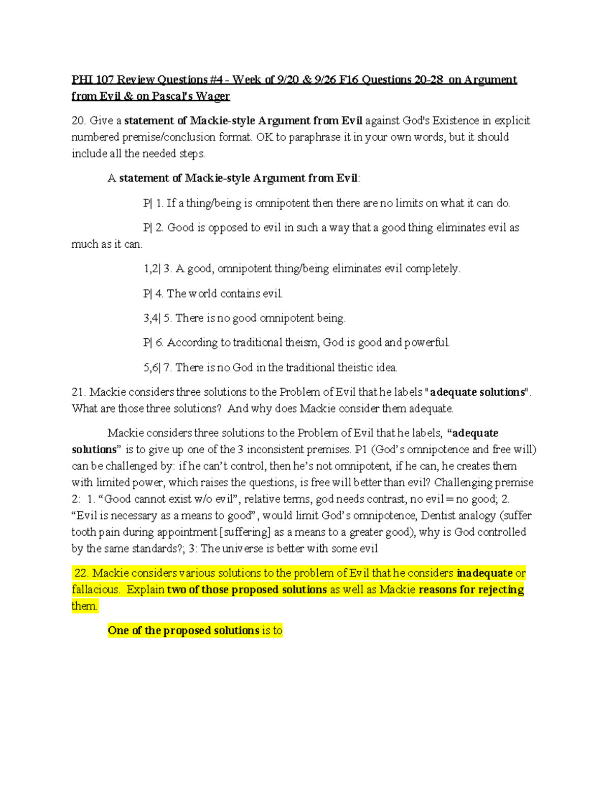 #4 Argument from Evil & Pascal's Wager - PHI 107 Review Questions #4 ...