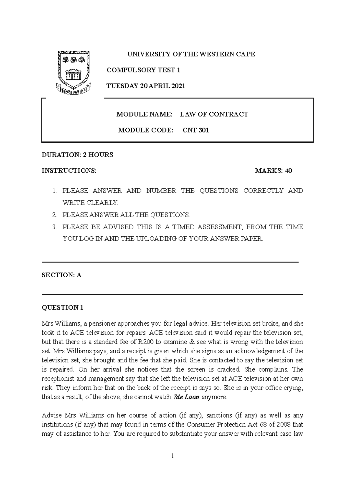 Compulsory TEST 1 -20 April 2021 3 - UNIVERSITY OF THE WESTERN CAPE ...